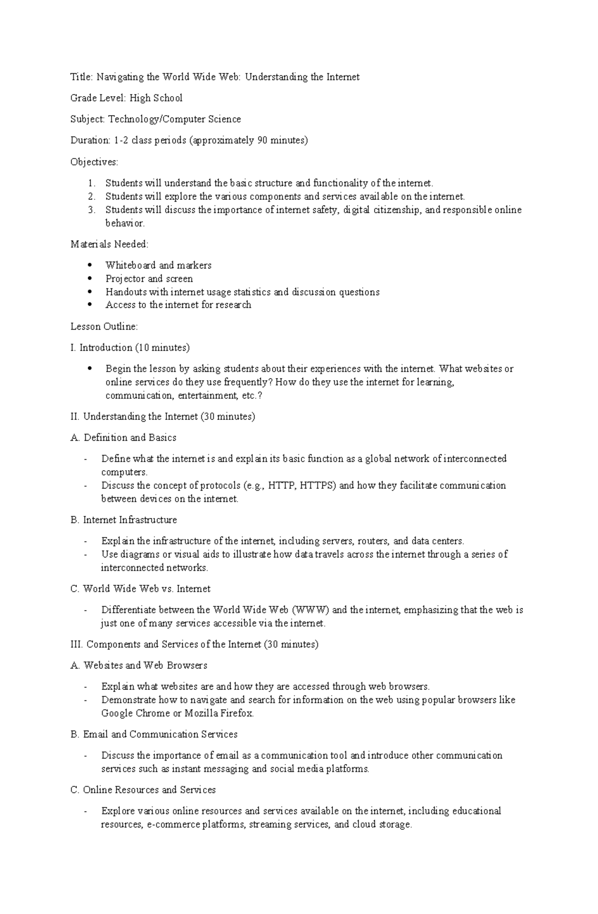 Lesson Plan about Understanding the Internet - Title: Navigating the ...