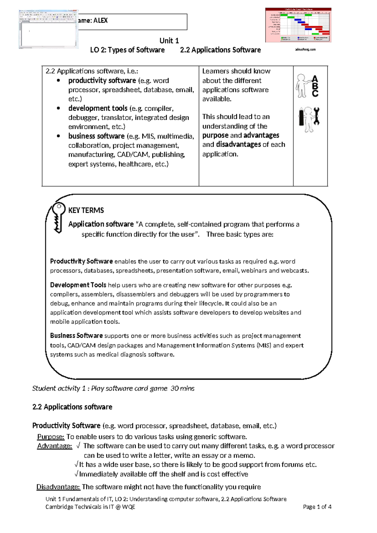 2-2 Applications Software Worksheet with HW - Unit 1 LO 2: Types of ...