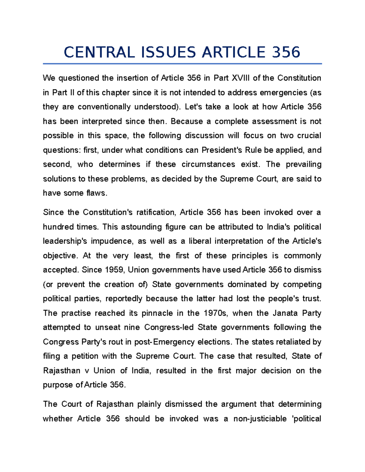 Central Issues Article 356 - CENTRAL ISSUES ARTICLE 356 We questioned ...