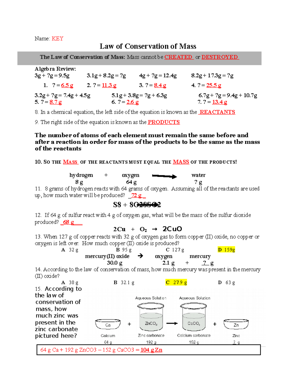 I7.2 Law of Conservation of Mass KEY - Name: KEY Law of Conservation of ...