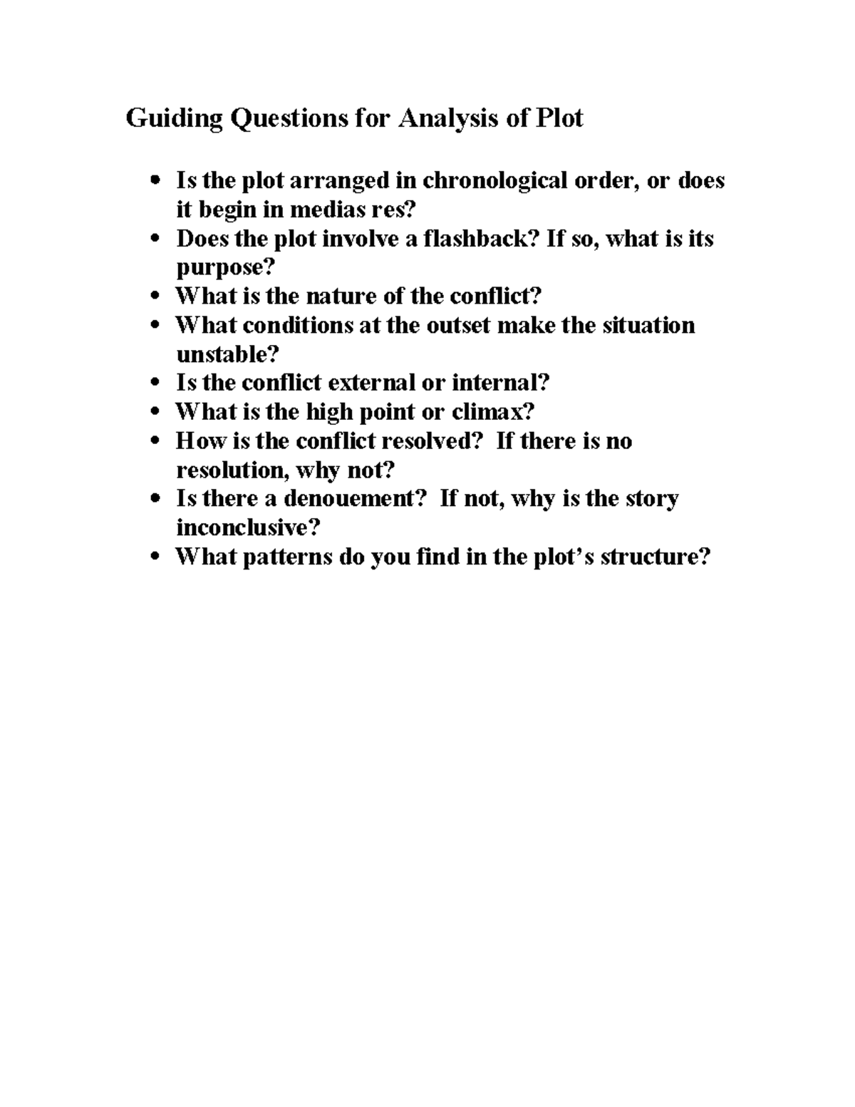 Plot Guiding Questions AP Lit - Guiding Questions for Analysis of Plot ...