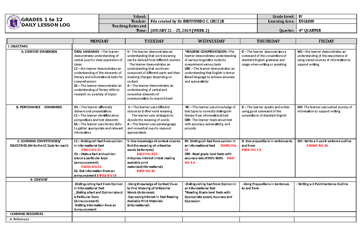 DLL Quarter 4 Week 2 English 4 - GRADES 1 to 12 DAILY LESSON LOG School ...