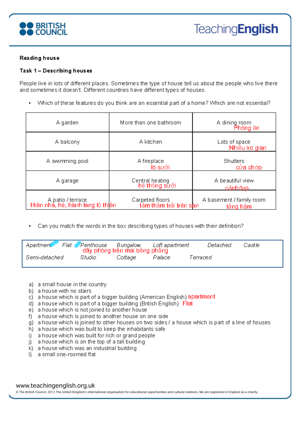 Reading house student worksheet - Reading house Task 1 – Describing ...