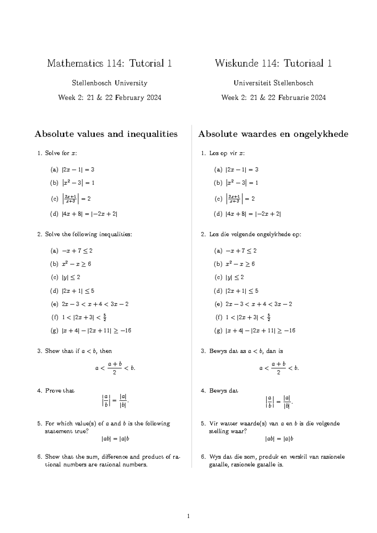 Mathematics 114 Tutorial 1 - Mathematics 114: Tutorial 1 Stellenbosch ...