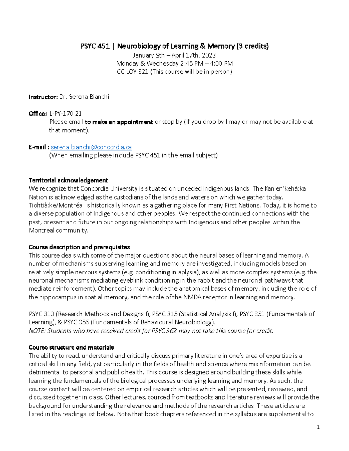 PSYC 451 Course Syllabus - PSYC 451 | Neurobiology of Learning & Memory ( 3 credits) January 9th ...