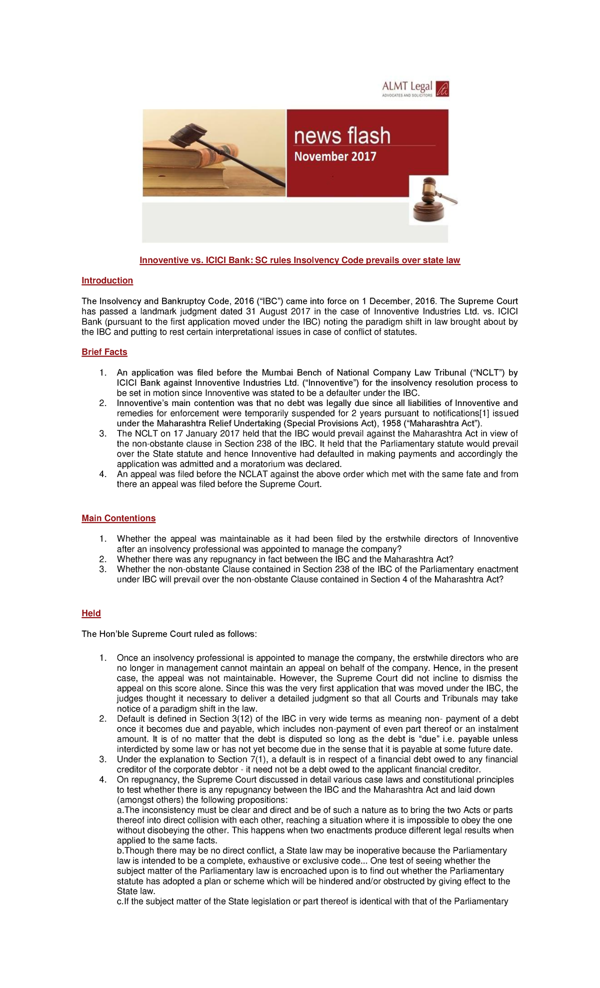 Innoventive vs Icici Bank- SC rules Insolvency Code prevails over state ...