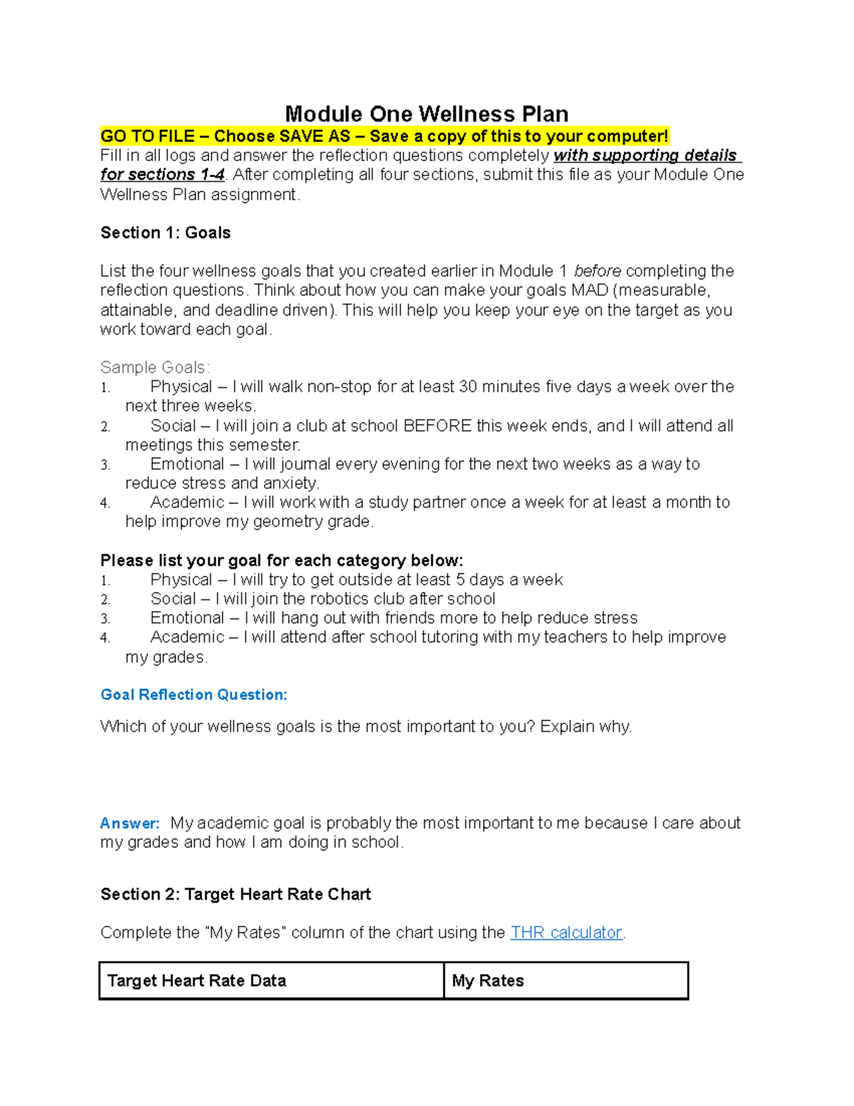 Module One Wellness Plan re submit - Module One Wellness Plan GO TO ...