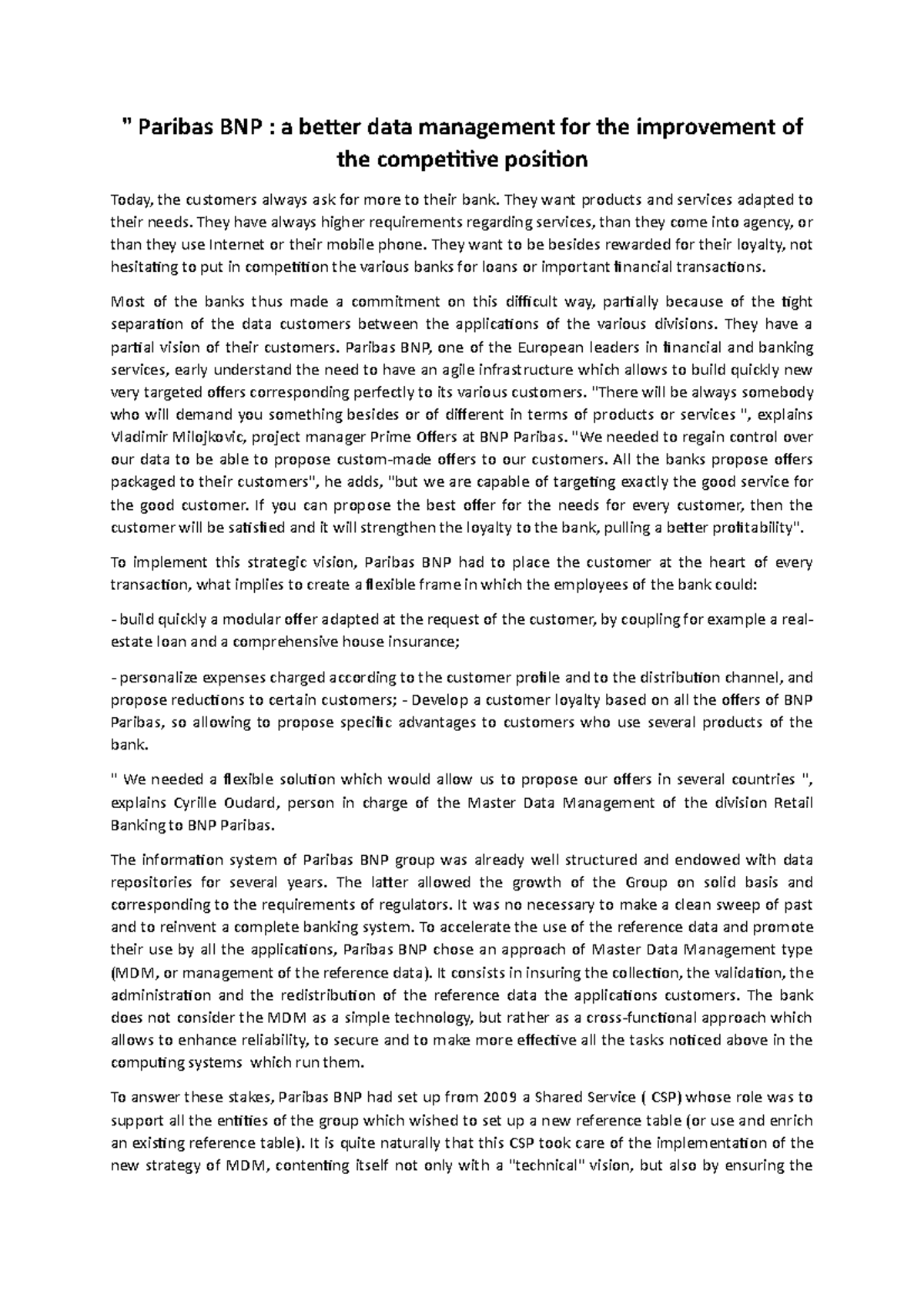 Topic 3 BNP case study - " Paribas BNP : a better data management for ...