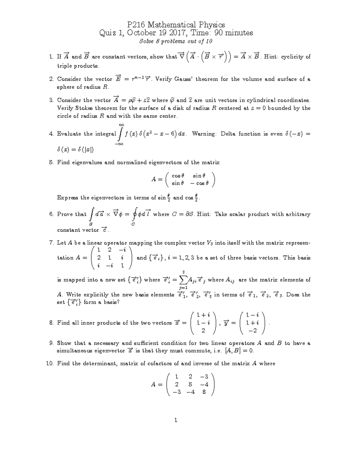 Quiz 1 - 2017 - P216 Mathematical Physics Quiz 1, October 19 2017, Time ...