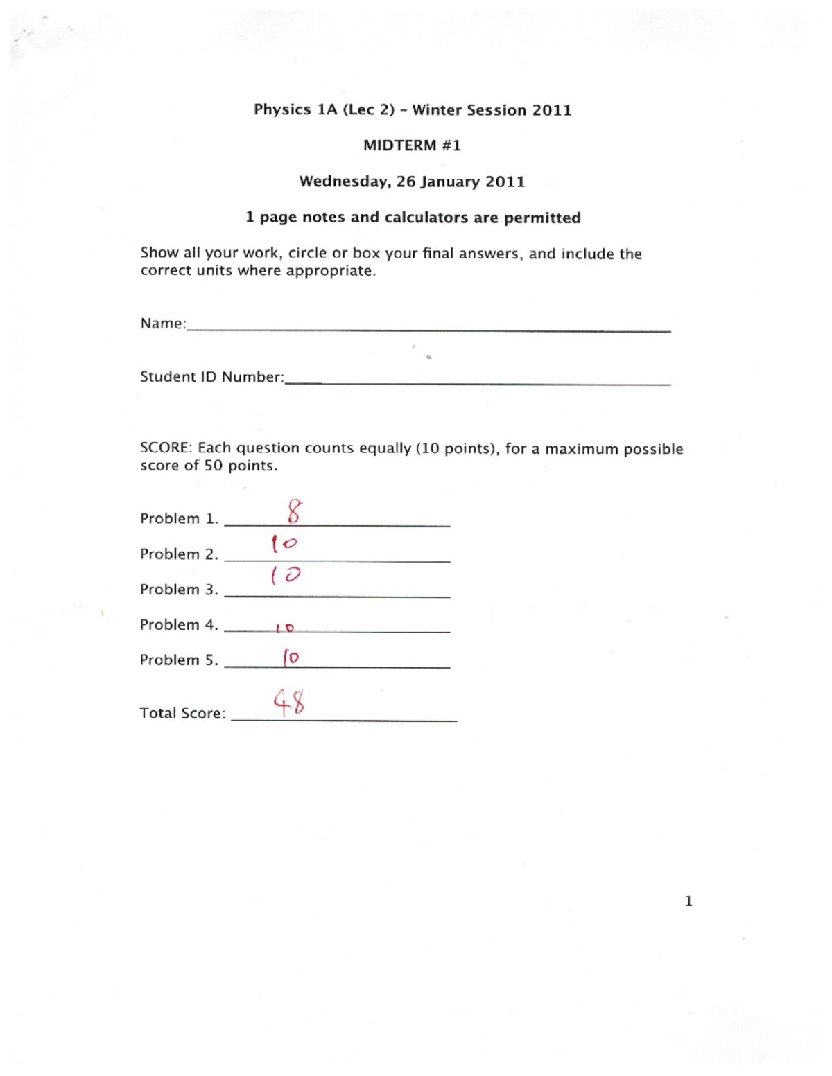 Physics 1A Tserkonyak Midterm 1 Winter 2011 - PHY 1C - Studocu