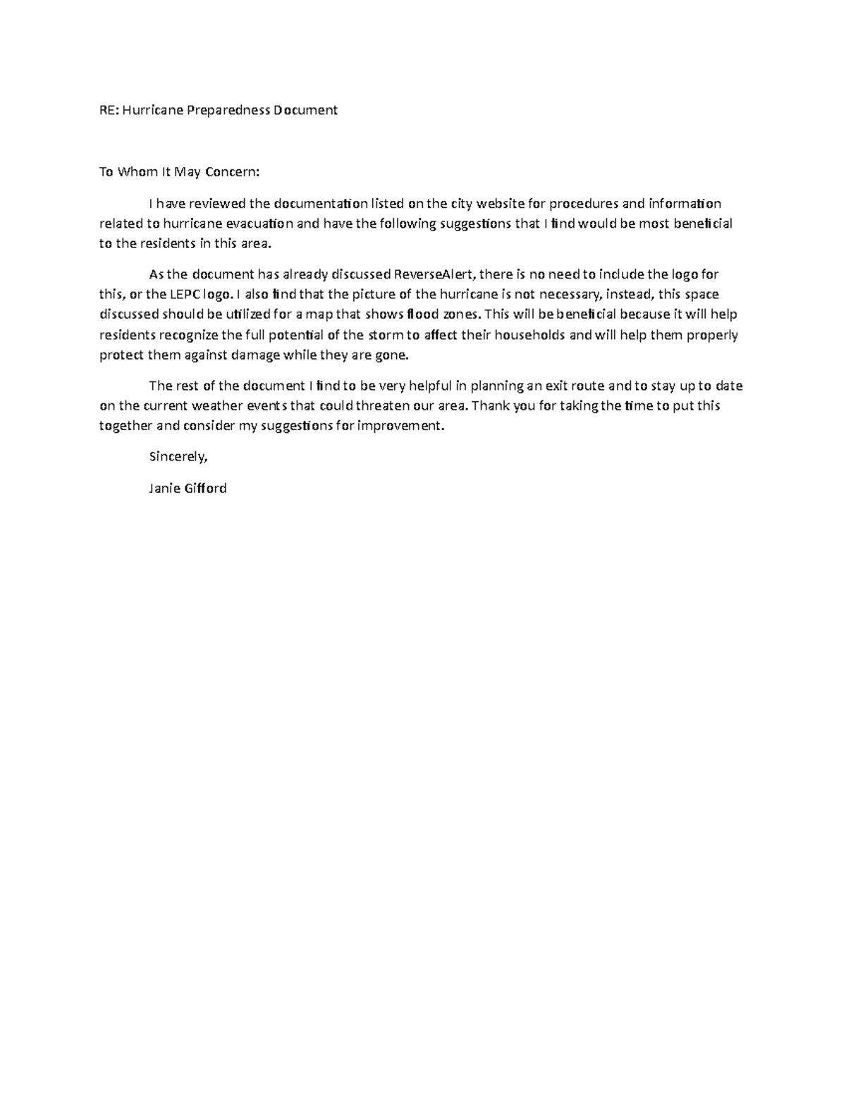 Hurricane Doc Letter - RE: Hurricane Preparedness Document To Whom It ...