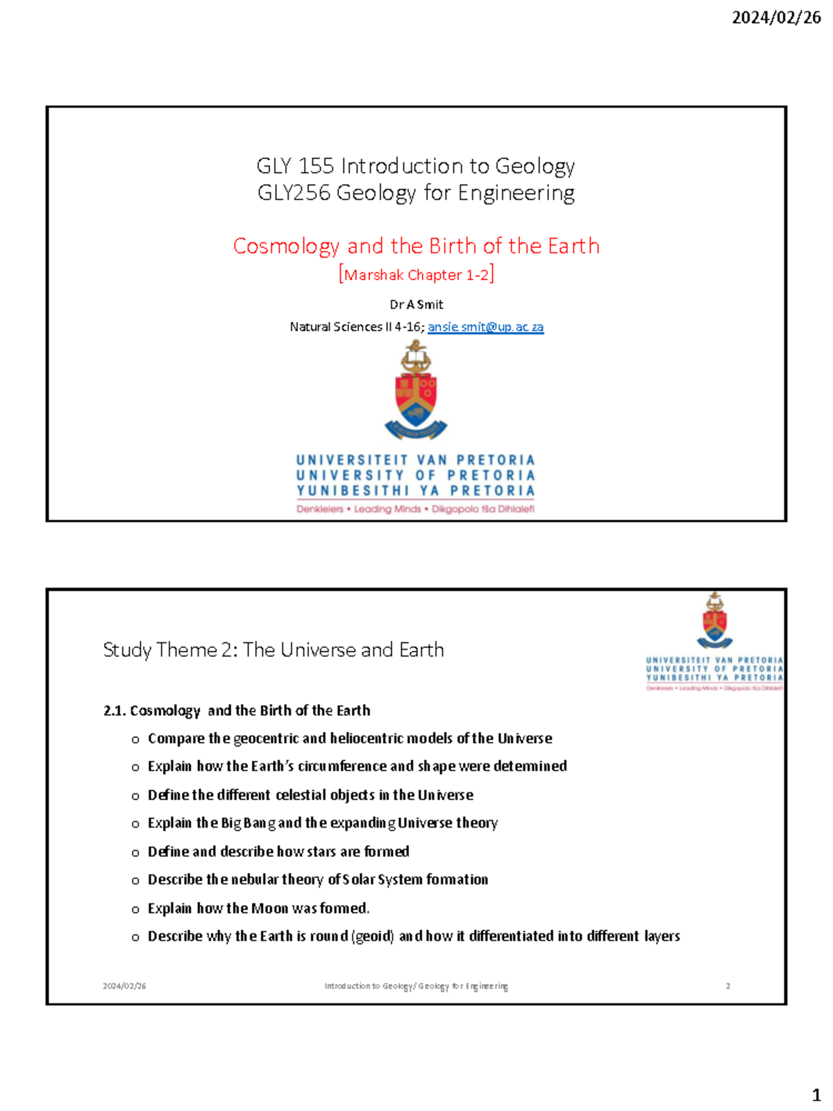 Cosmology notes - GLY 155 Introduction to Geology GLY256 Geology for ...