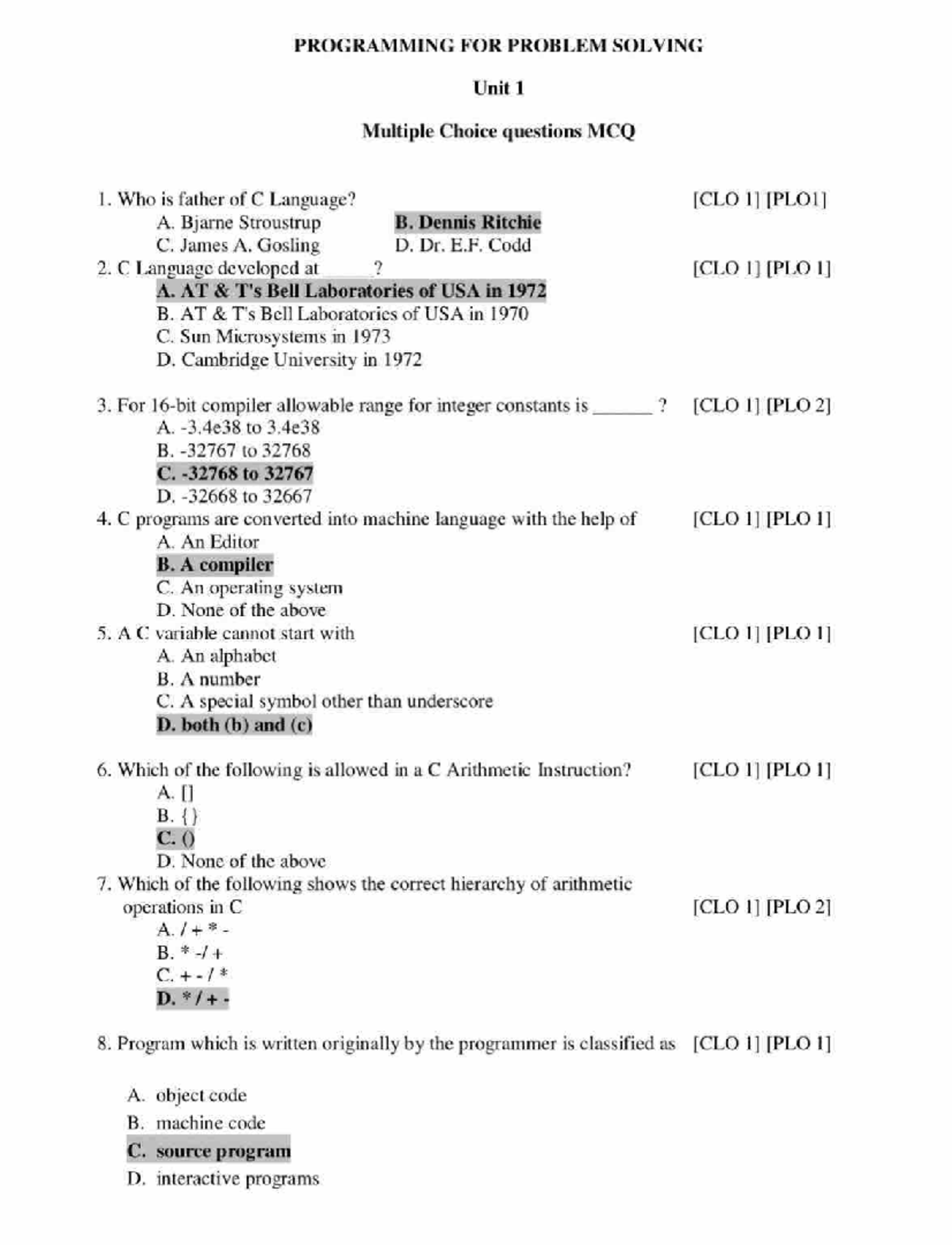 PPS Unit 1 QP - notes - PROGRAMMING FOR PROBLEM SOLVING Unit 1 Multiple ...