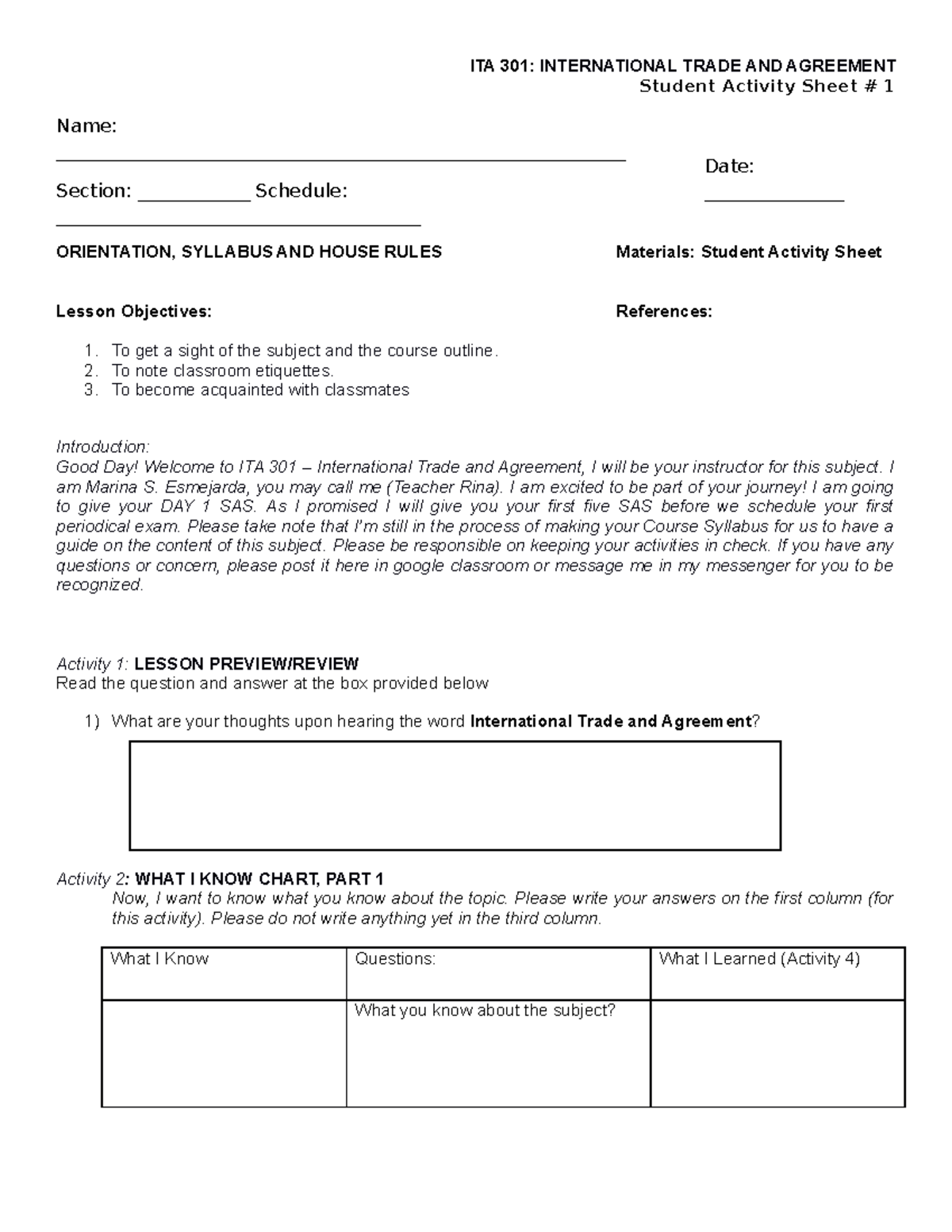 ITA 301 - SAS #1 - MODULE 1 - ITA 301: INTERNATIONAL TRADE AND ...