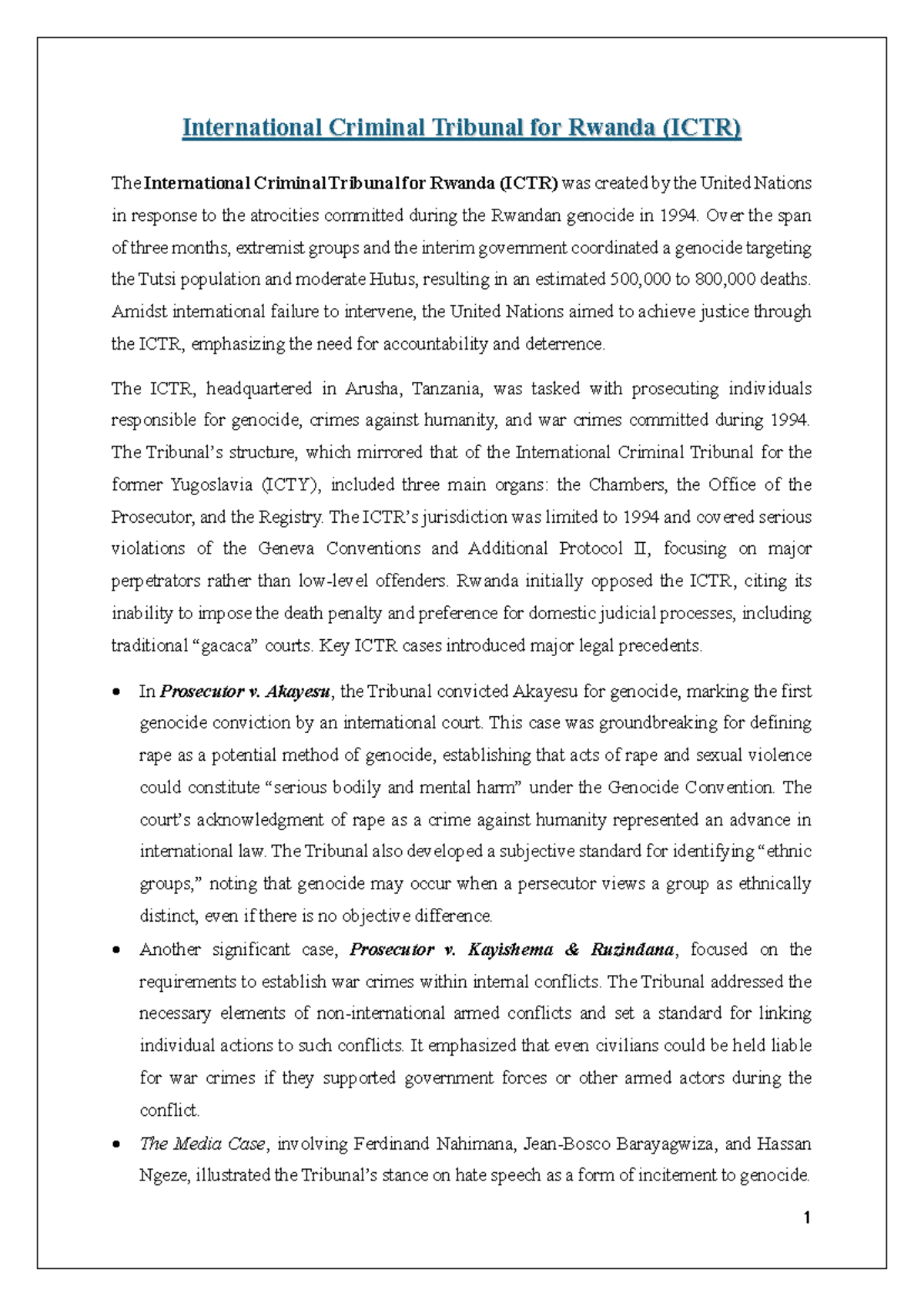 ICTR & ICTY - Summary International Criminal Law - International ...
