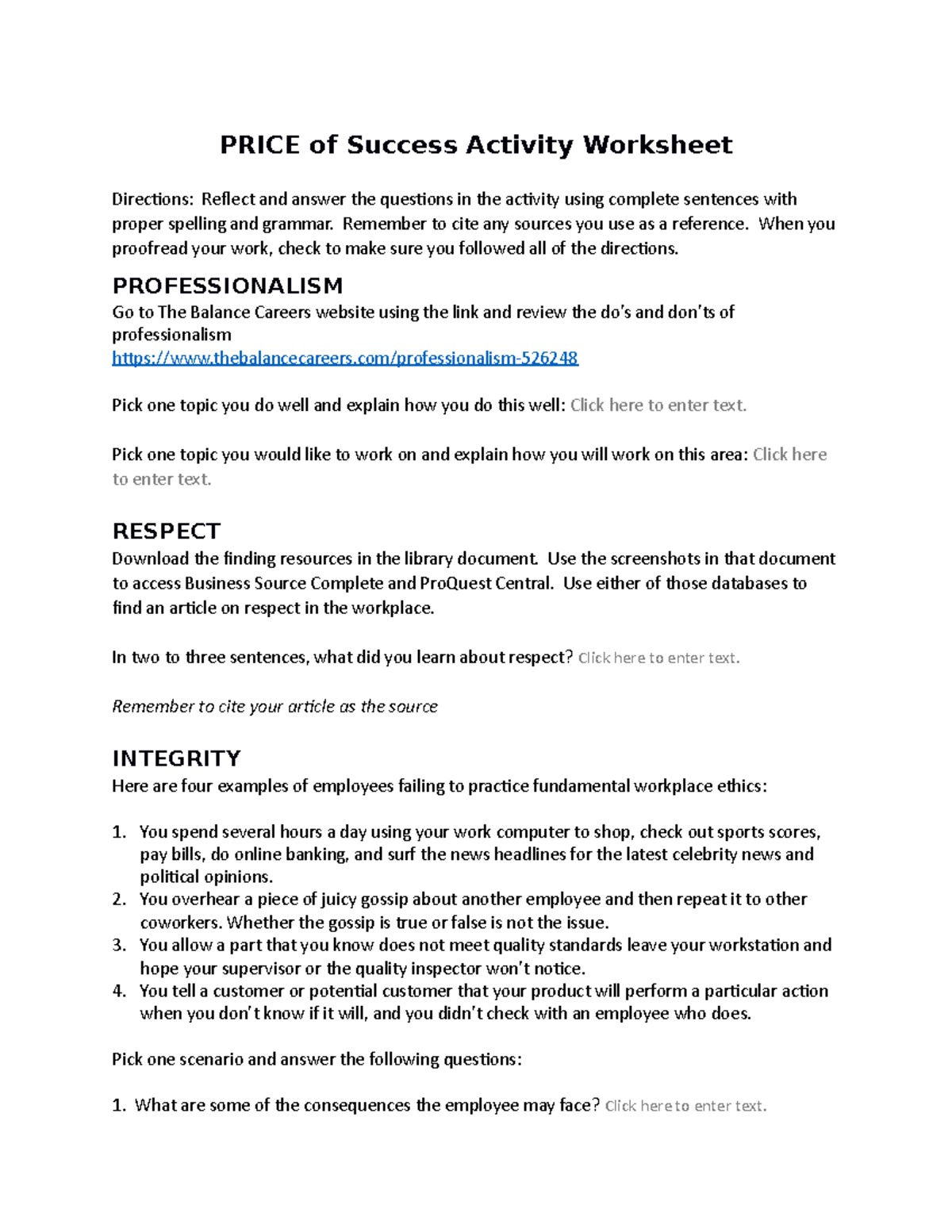 PD121-P.R.I.C.E. of Success Activity Worksheet - PRICE of Success ...