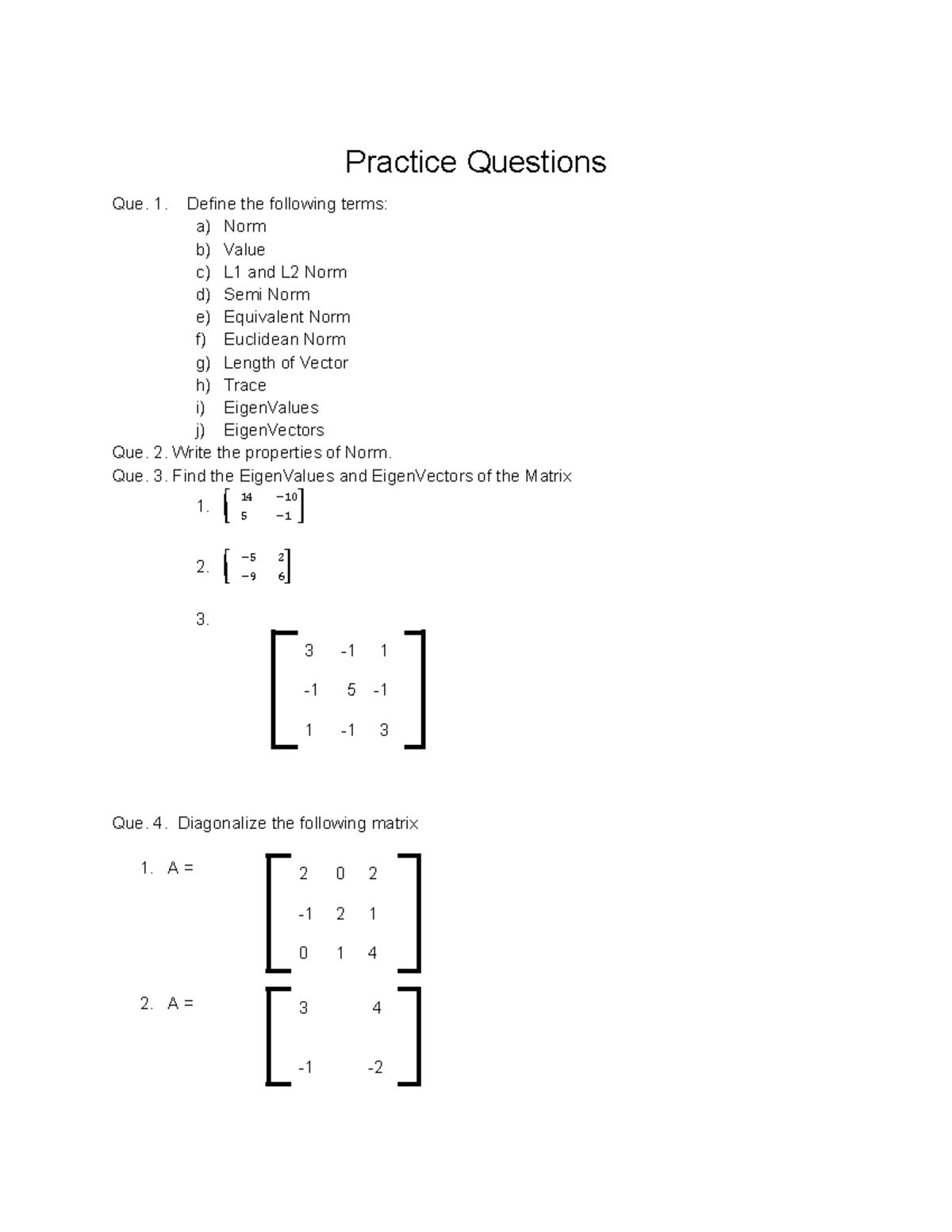 Practice Questions ML - Practice Questions Que. 1. Define the following ...