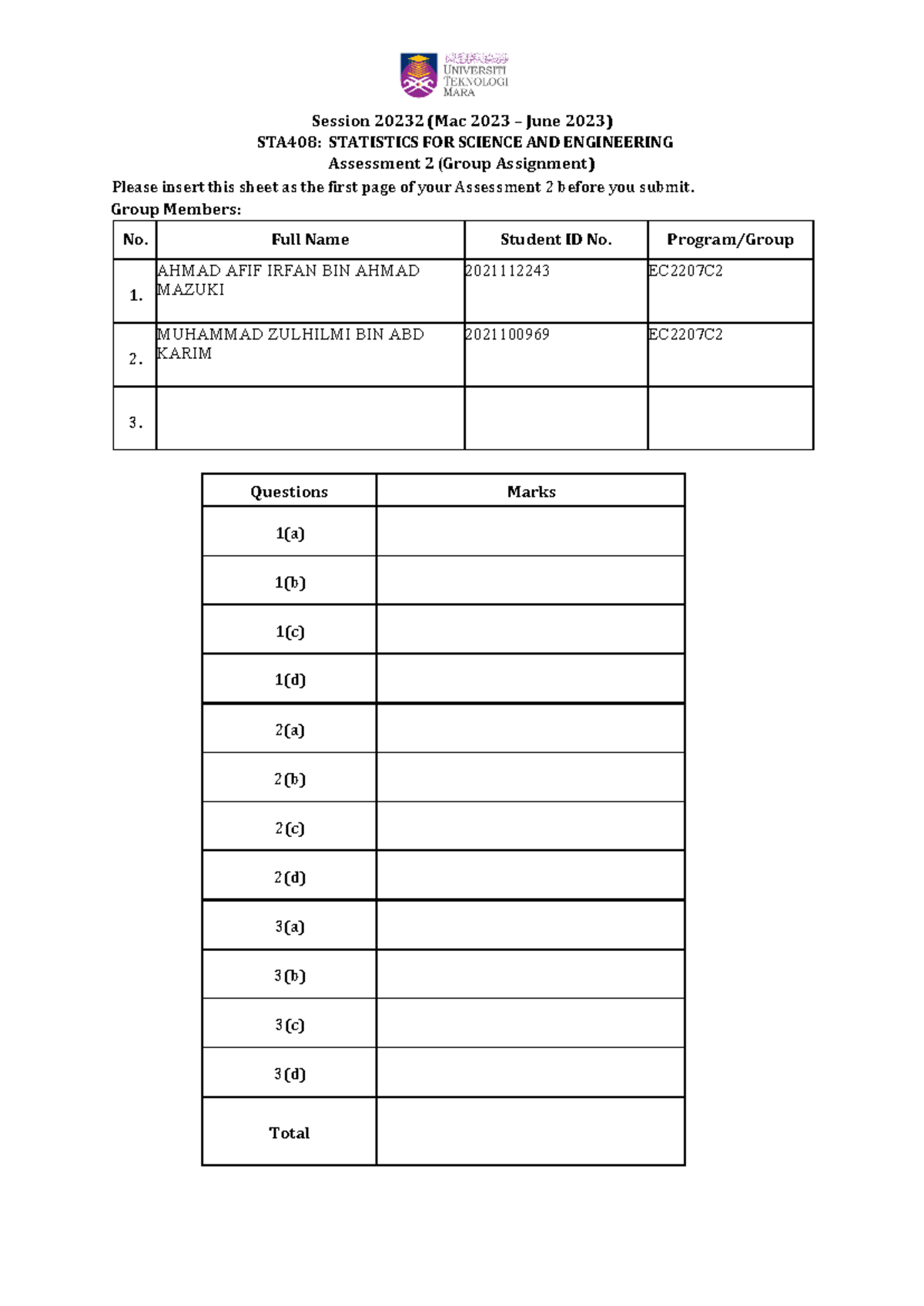 Assessment 2 STA408 ( Group Assignment) - Session 20232 (Mac 2023 ...