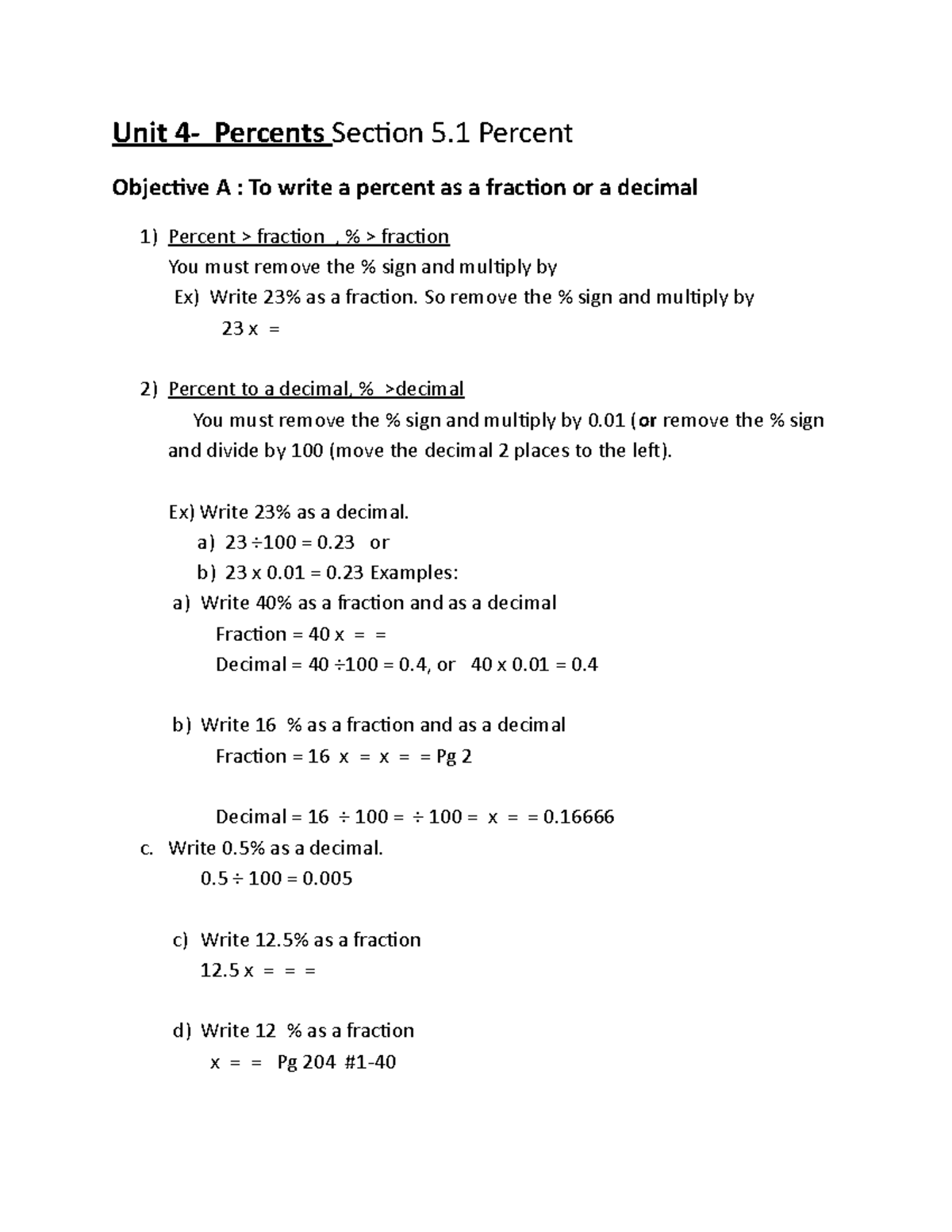 Notes for Unit 4 workplace Percent - Unit 4- Percents Section 5 Percent ...