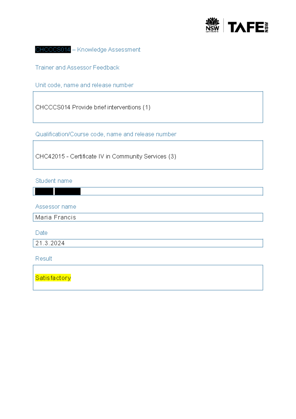 Chcccs 014 Knowledge Assessment 2 feedback - CHCCCS014 – Knowledge ...