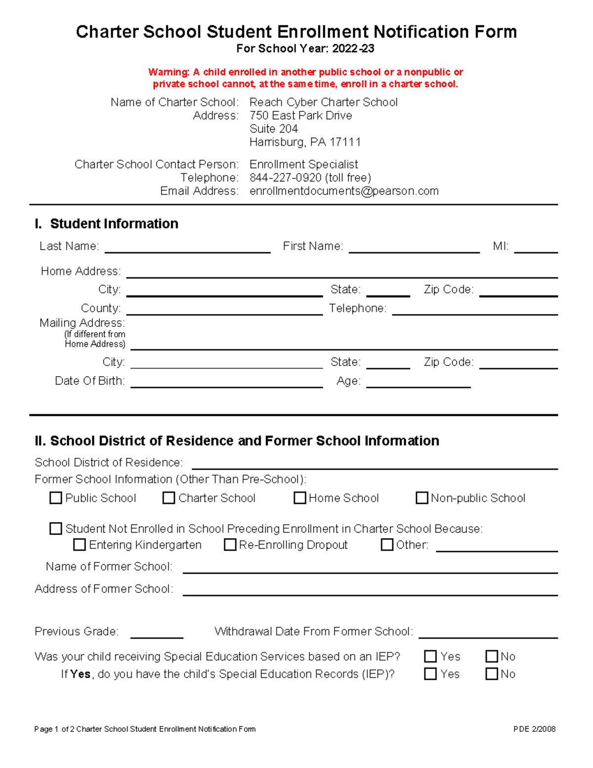 22-23 Reach Cyber Charter Form Fillable 8.11.22 2 - Page 1 of 2 Charter ...