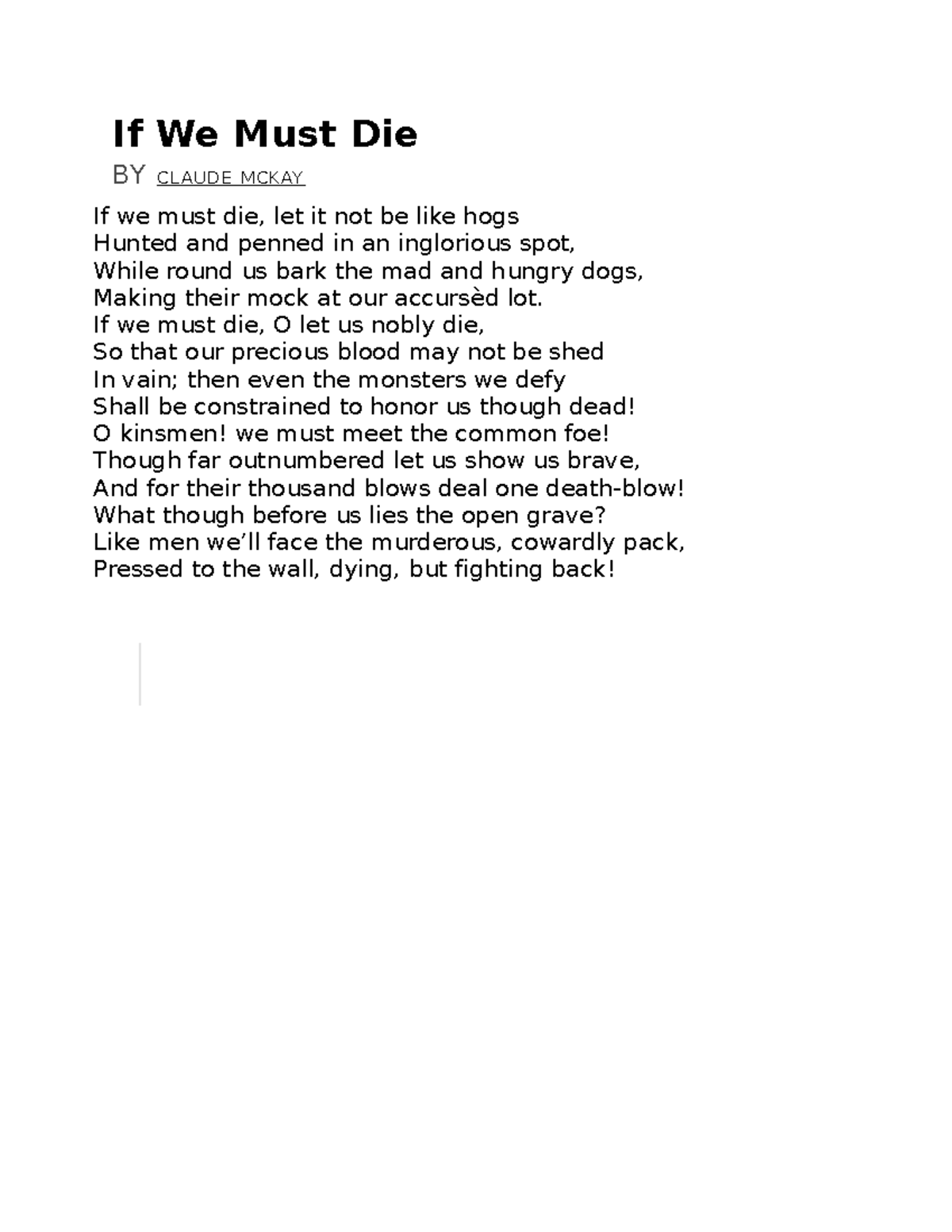 If We Must Die by Claude Mc Kay - If We Must Die BY C L A UD E M CKAY ...