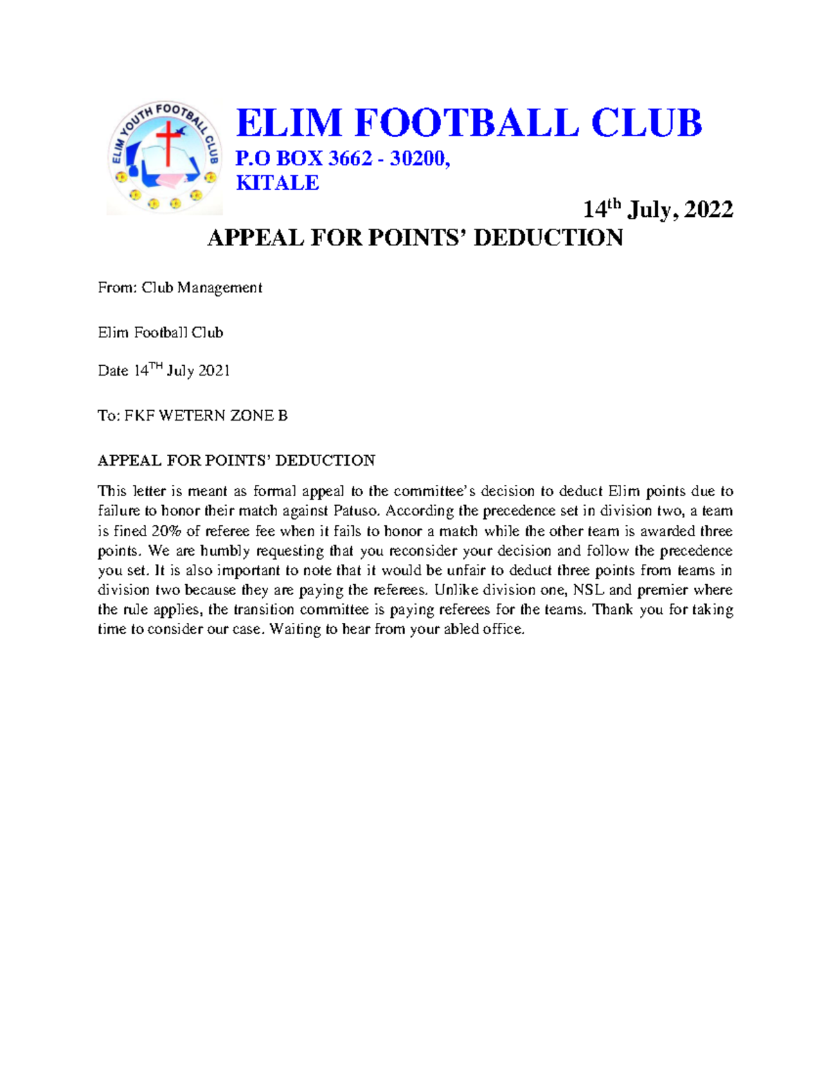 Elim-FC - NURS-4020-Assessment 2 - ELIM FOOTBALL CLUB P BOX 3662 ...