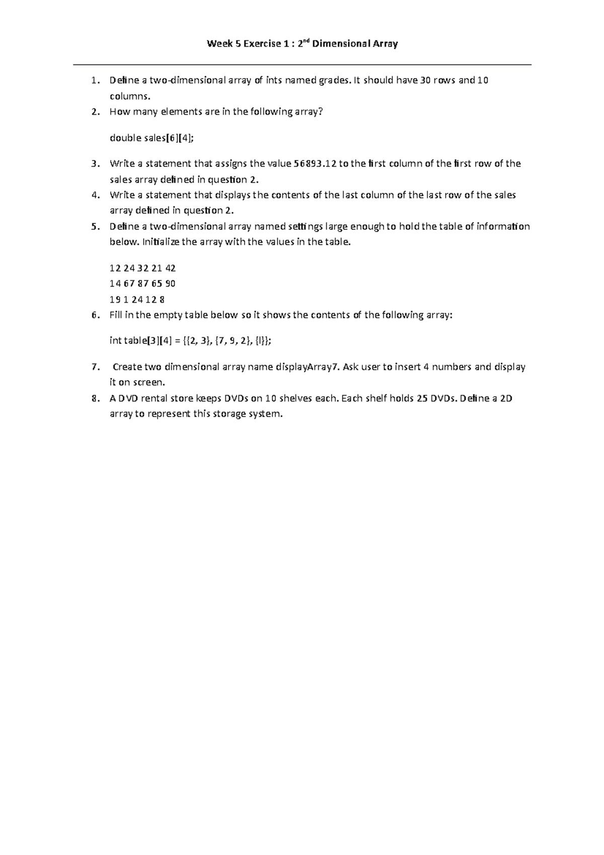 Exercise for Programming - Week 5 Exercise 1 : 2nd Dimensional Array ...
