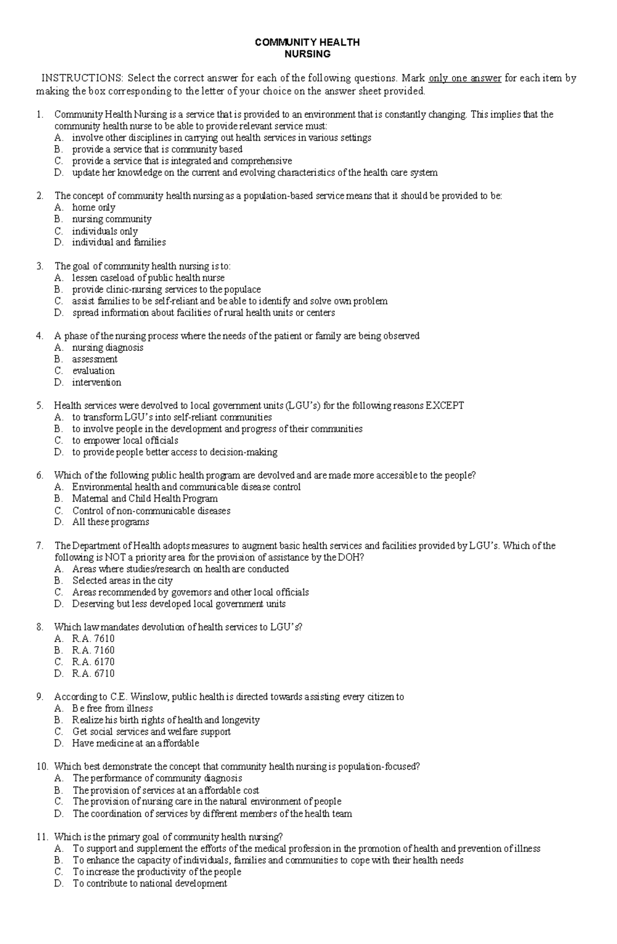 CHN Chnchn - Chn - COMMUNITY HEALTH NURSING INSTRUCTIONS: Select the ...