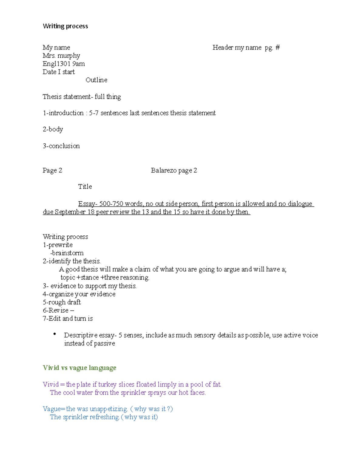 Writing process - # Mrs. murphy Engl1301 9am Date I start Outline ...