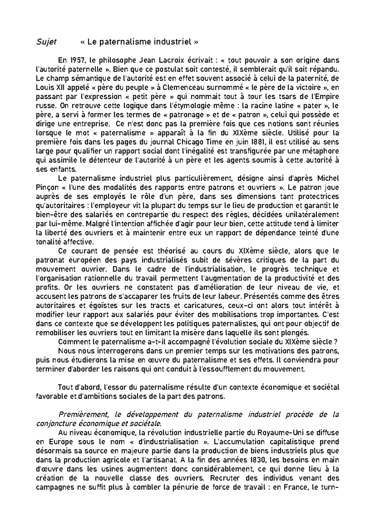 Le paternalisme industriel - Bien que ce postulat soit contesté, il ...