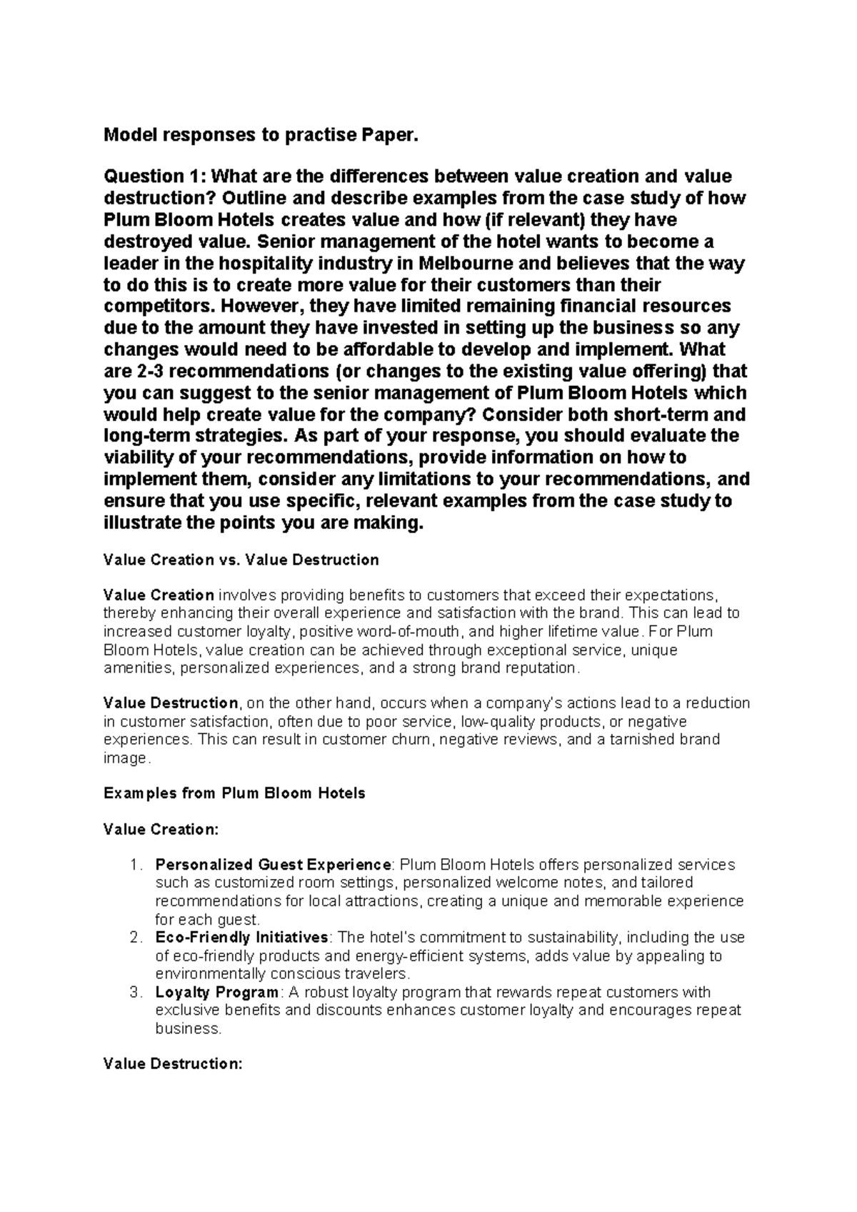 Sample response for exam case study questions - Model responses to ...