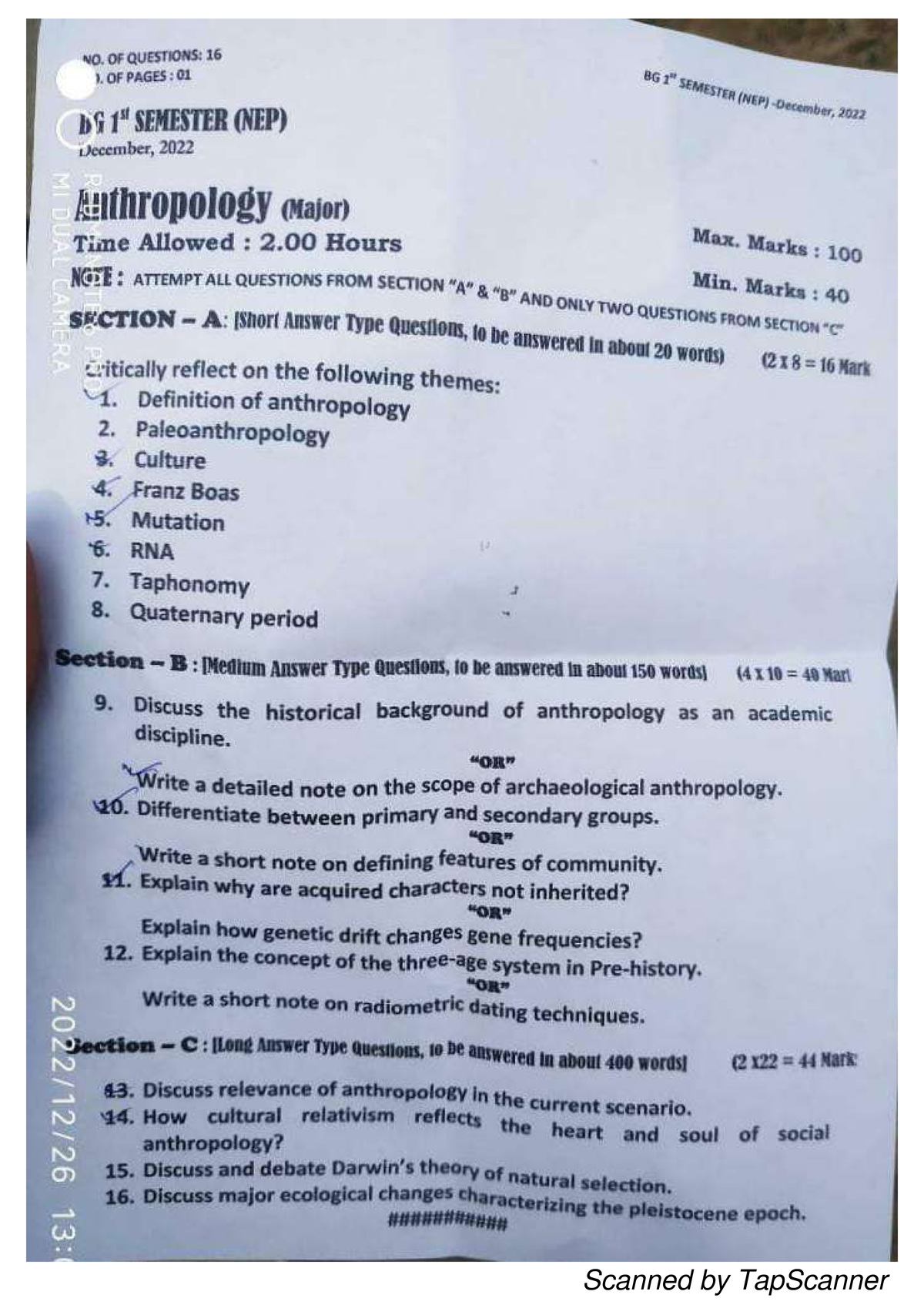 Anthropology Paper 2023 - BEL123 - Scanned by TapScanner - Studocu