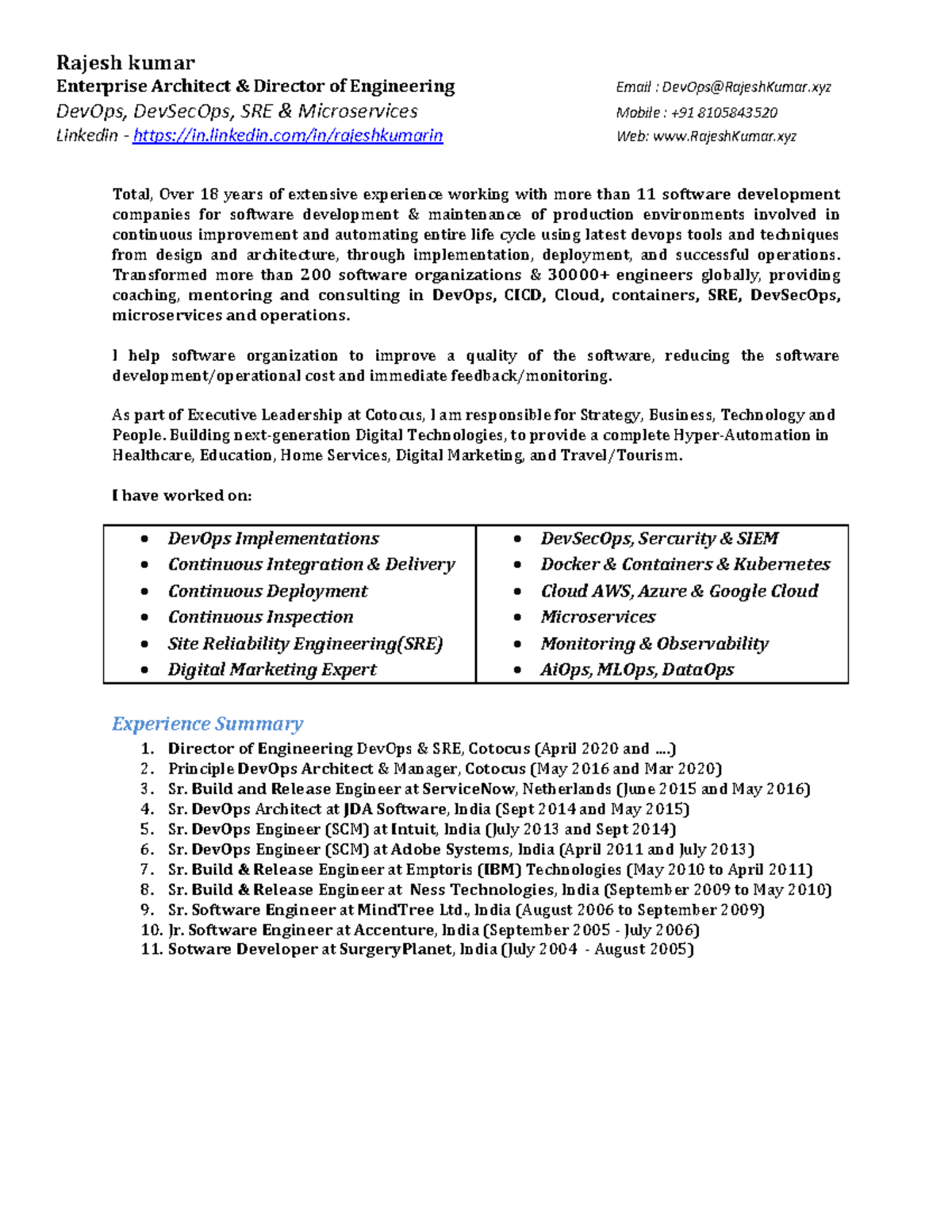 Rajeshkumar-devops-cv - Career Summary Total, Over 18 years of extensive experience working with ...