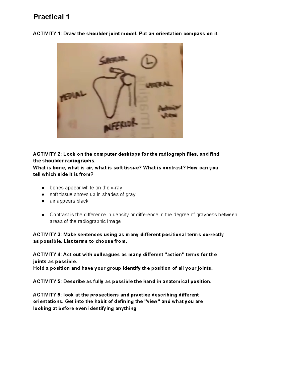 ANAT3008 Prac notes - Practical 1 ACTIVITY 1: Draw the shoulder joint ...