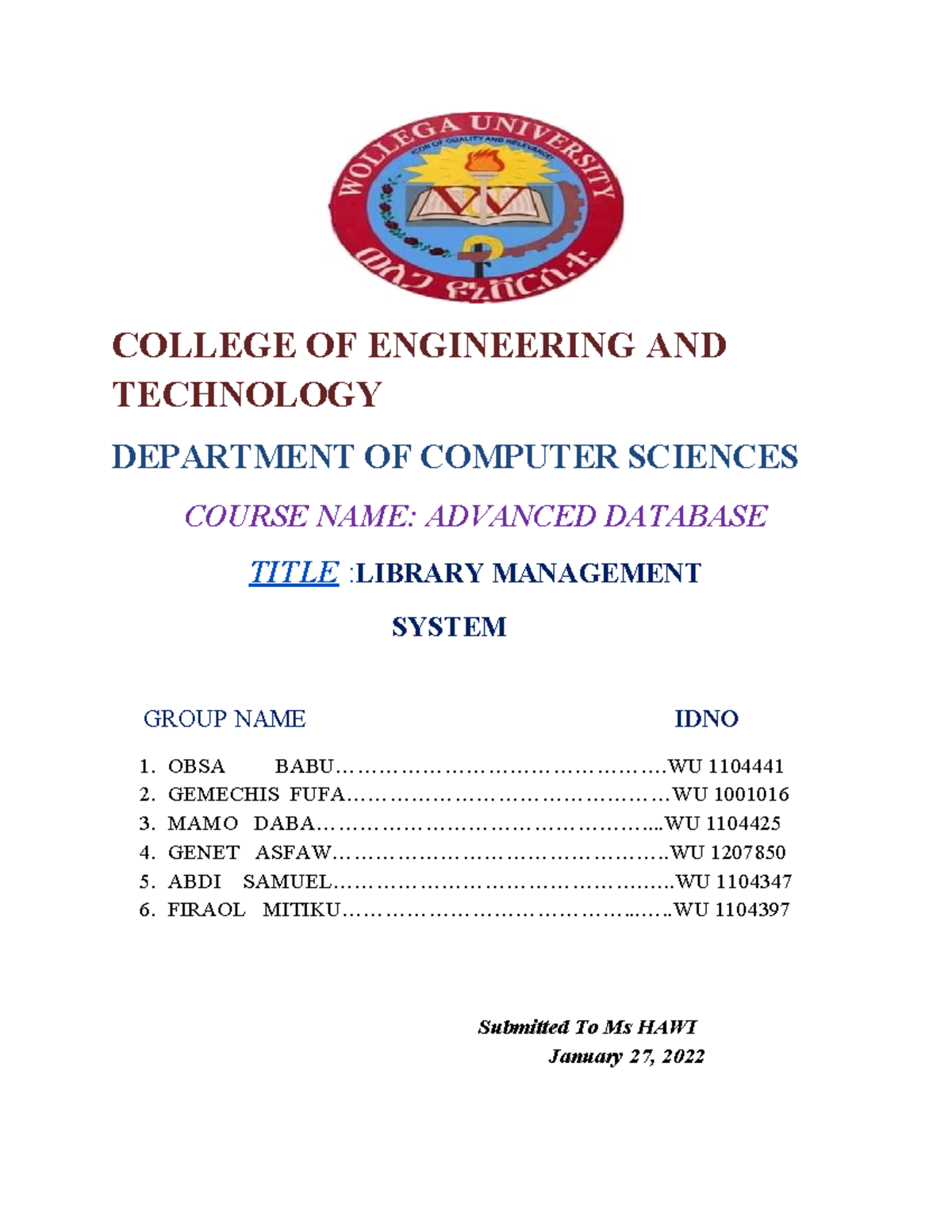 O Library MS - COLLEGE OF ENGINEERING AND TECHNOLOGY DEPARTMENT OF ...