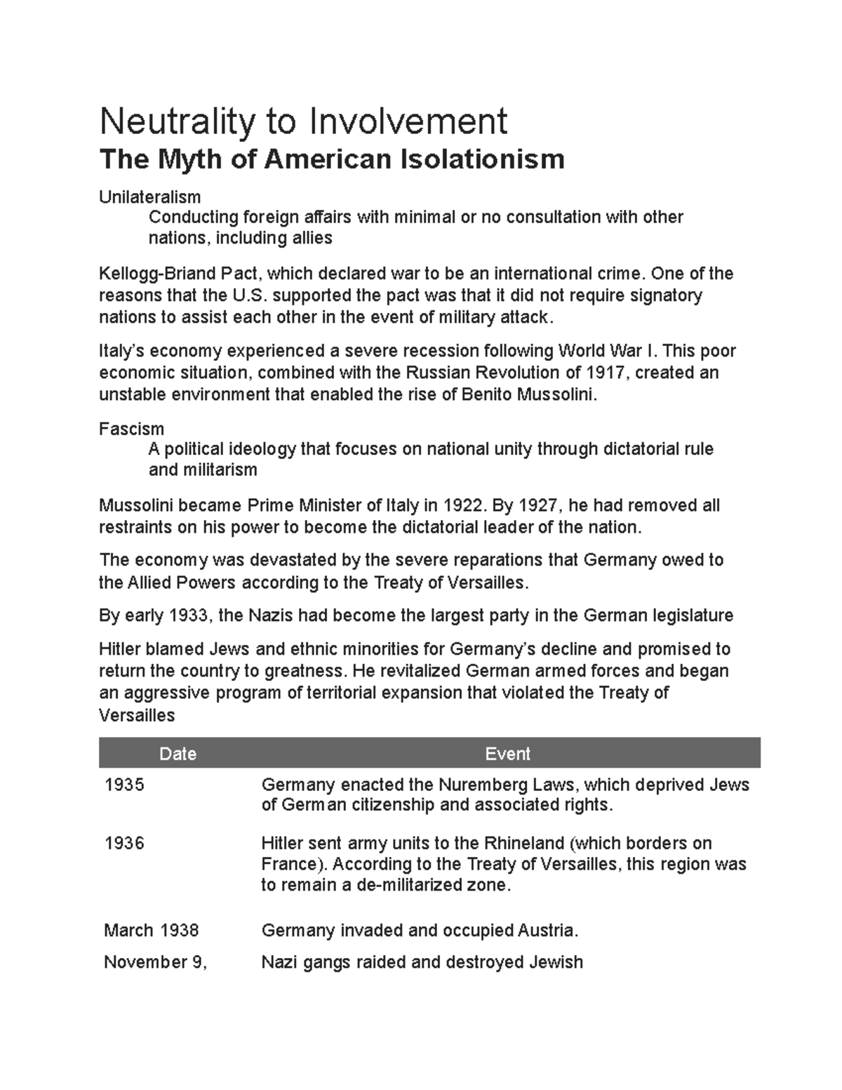 Unit 3 U.S. History II - Neutrality to Involvement The Myth of American ...