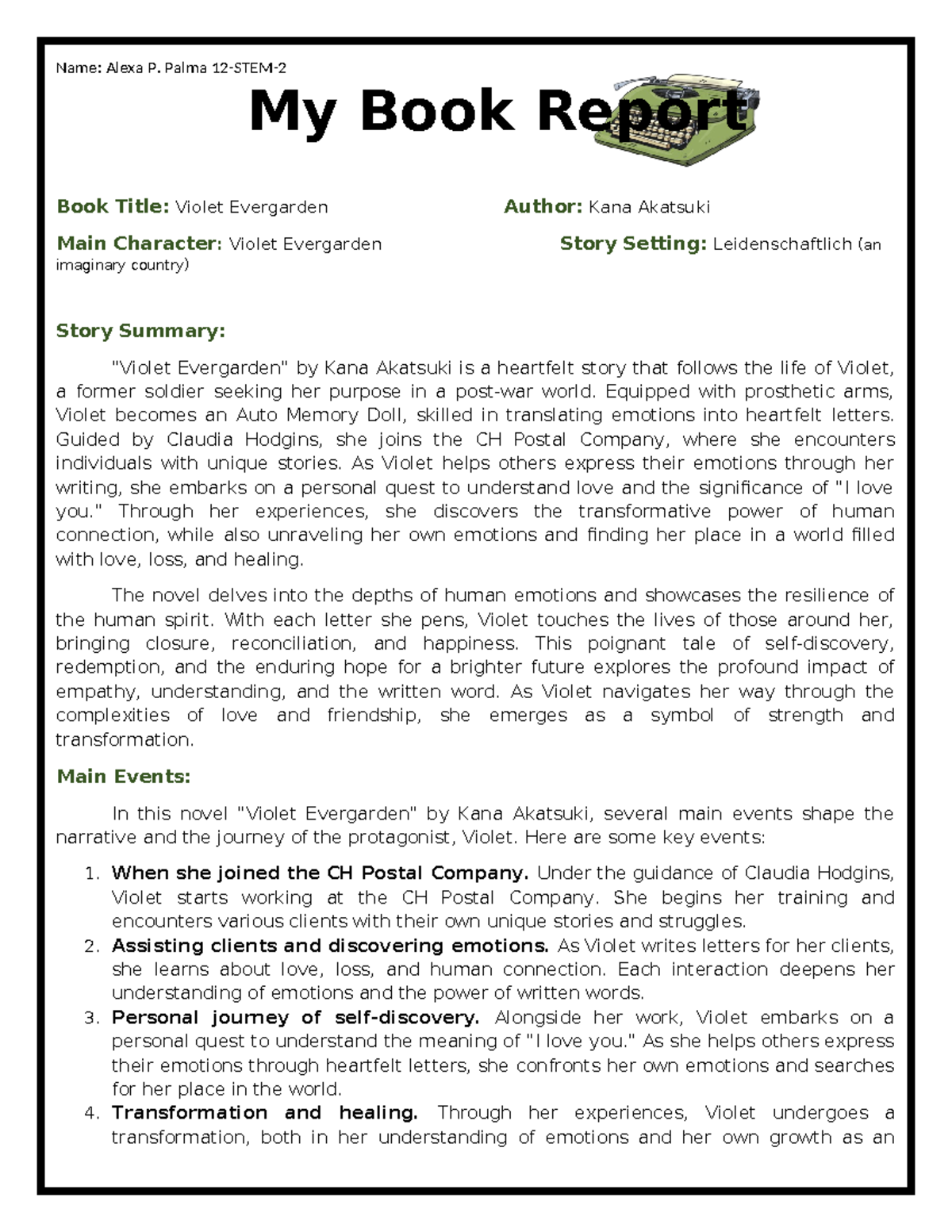 Bookreport - Name: Alexa P. Palma 12-STEM- My Book Report Book Title ...