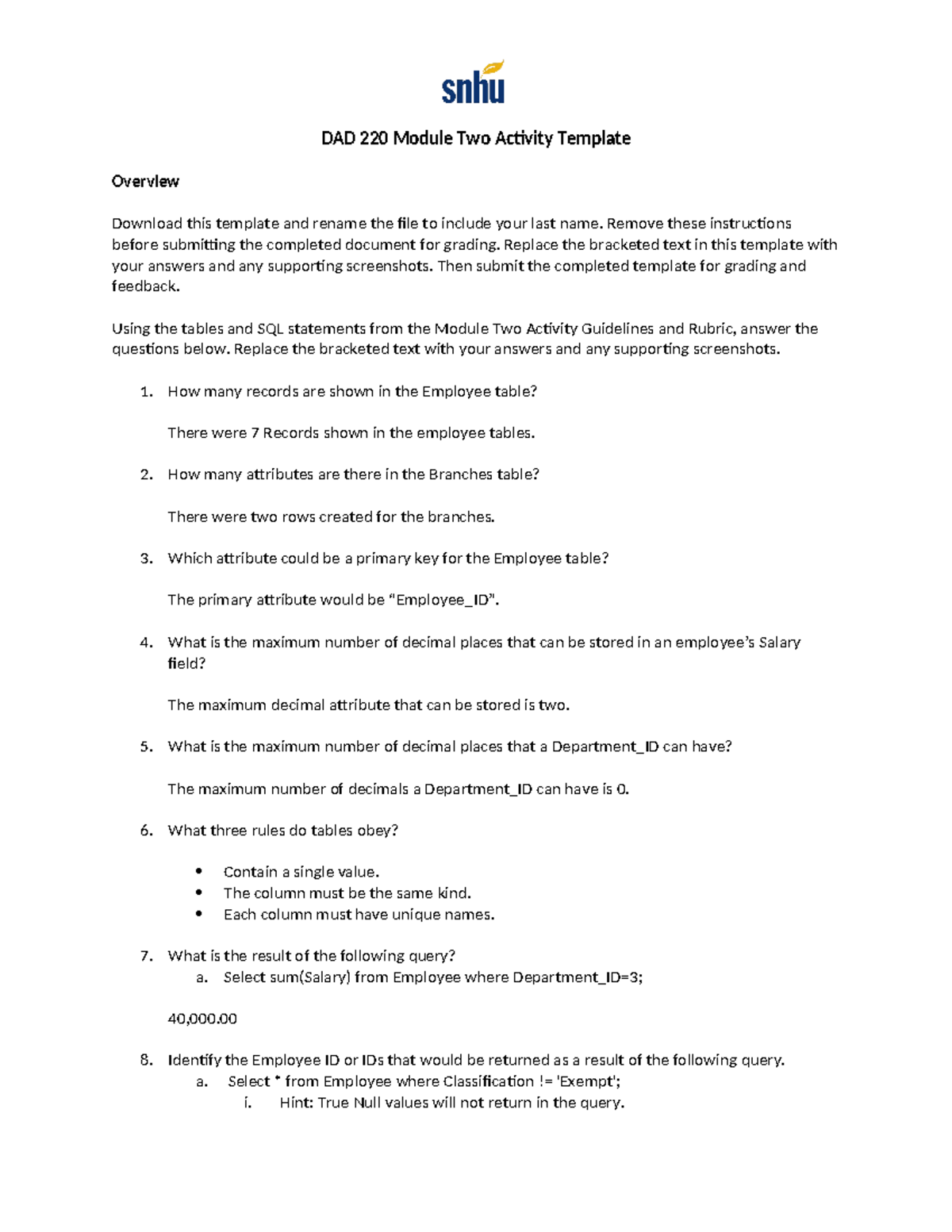 DAD 220 Module Three Major Activity Template - DAD 220 Module Two ...
