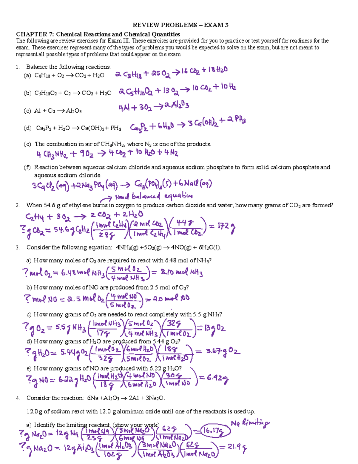 Review Problems Chapter 7 Solutions - REVIEW PROBLEMS – EXAM 3 CHAPTER 7: Chemical Reactions and ...