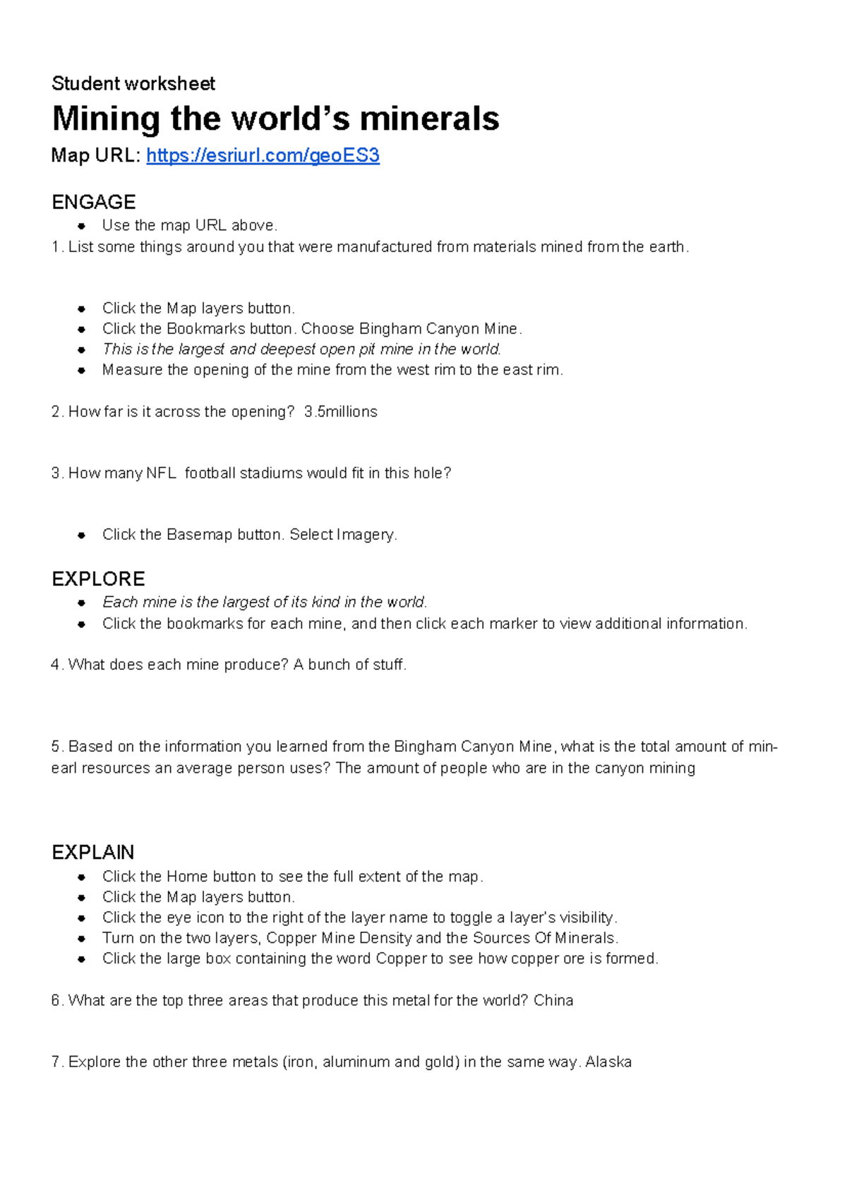 4.2 Geo Inquiry Mining the worlds minerals - Student worksheet Mining ...