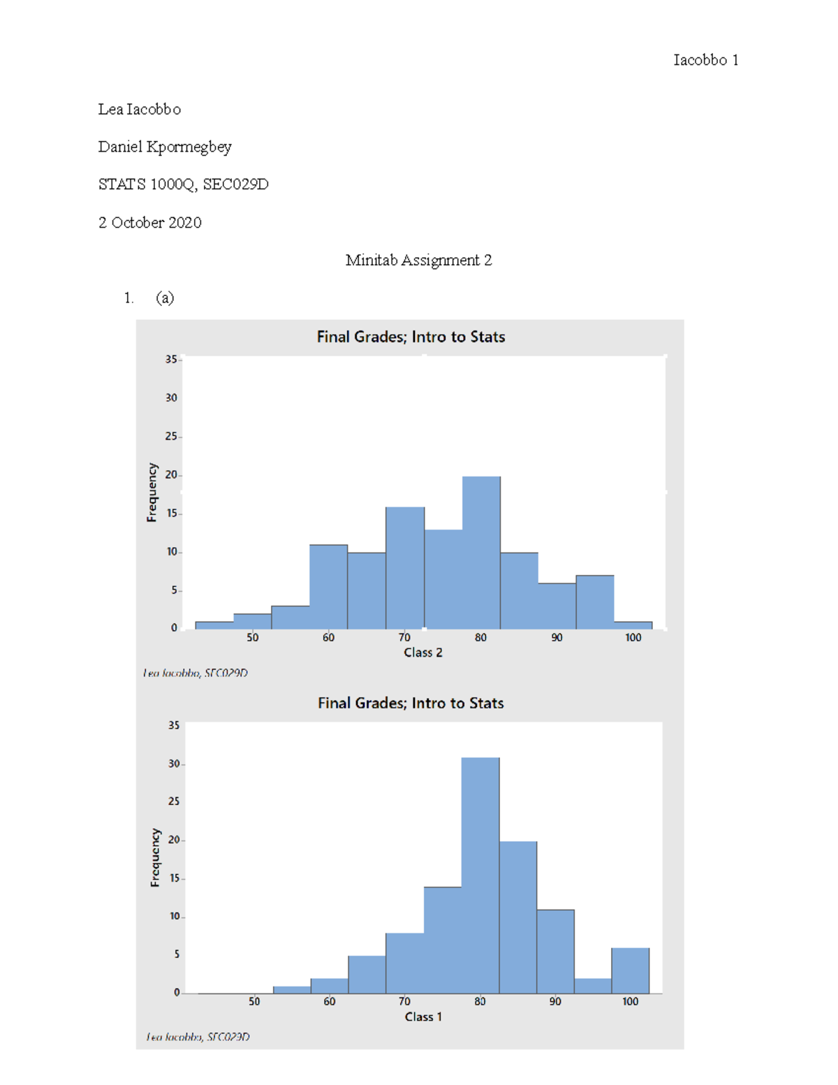 Minitab assignment 2 - Prince allotoy - Lea Iacobbo Daniel Kpormegbey ...