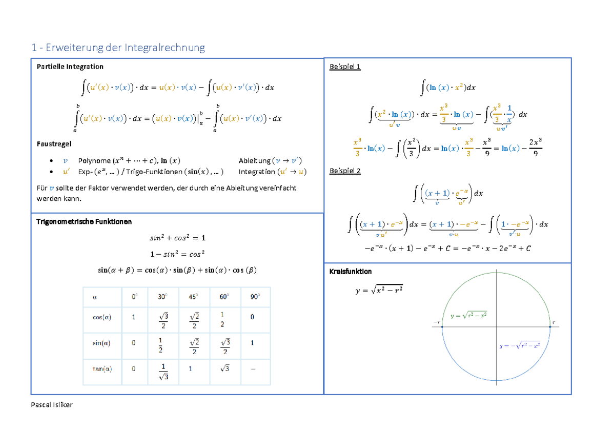 AN2 Cheat Sheet Islikpas - 1 - Erweiterung der Integralrechnung ...