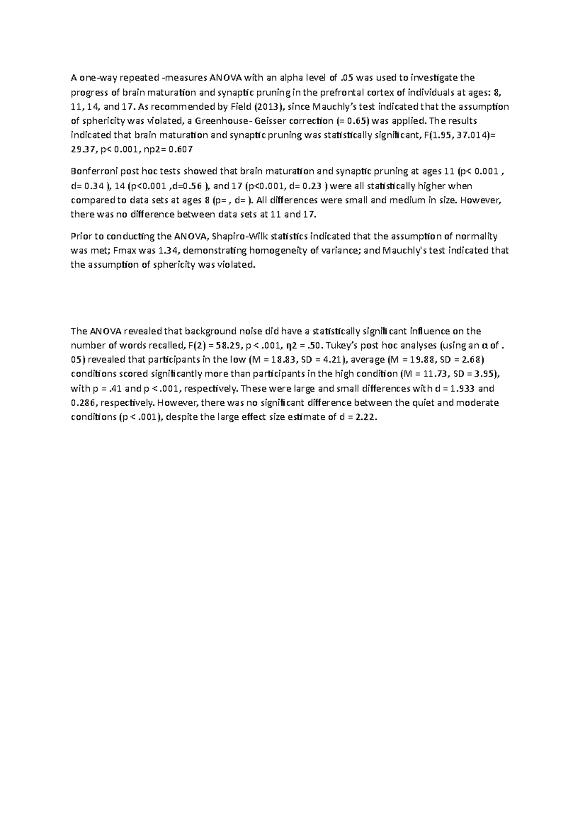 PSY2071 DA2 example write up - A one-way repeated -measures ANOVA with ...