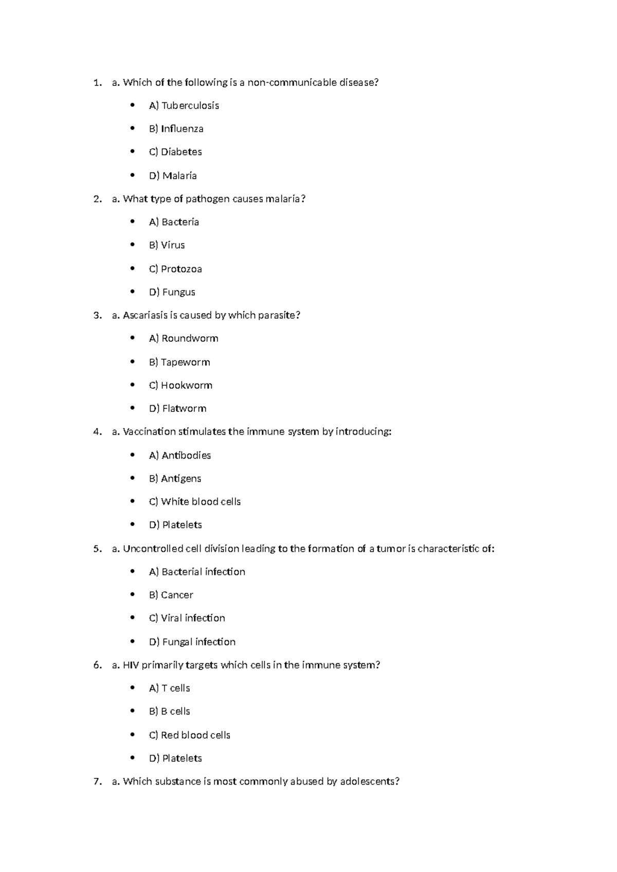 Human Health - 1. a. Which of the following is a non-communicable ...