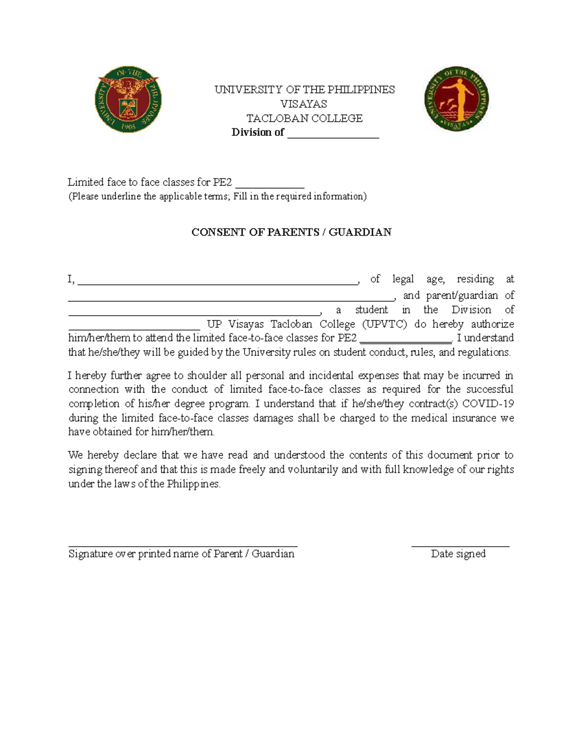 Parents Consent Form - UNIVERSITY OF THE PHILIPPINES VISAYAS TACLOBAN ...