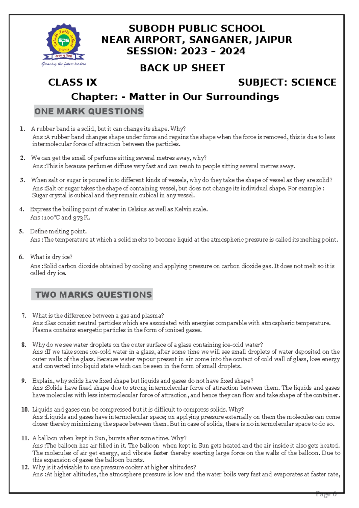 BACK UP Sheet CH.1 Matter IN OUR Surroundings - Page 6 SUBODH PUBLIC ...