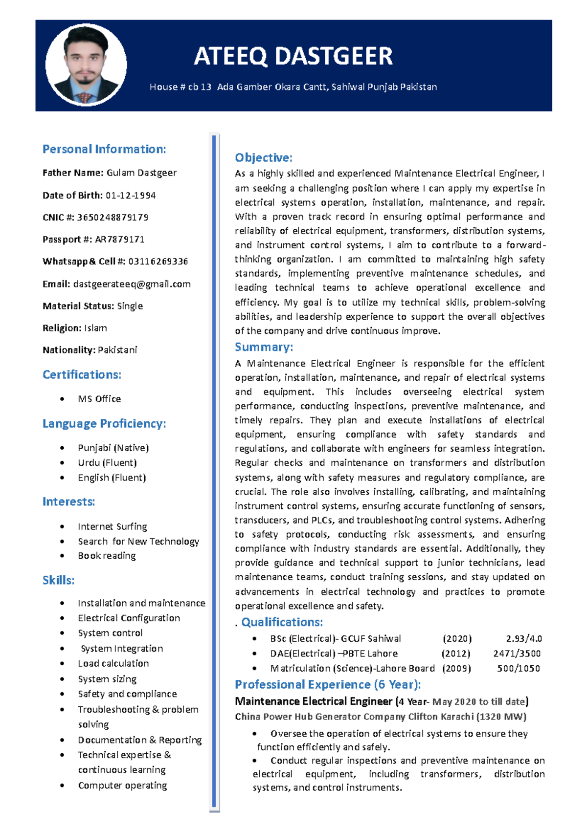 CV Ateeq electrical Engineering - Power Plant - ATEEQ DASTGEER House # cb 13 Ada Gamber Okara ...