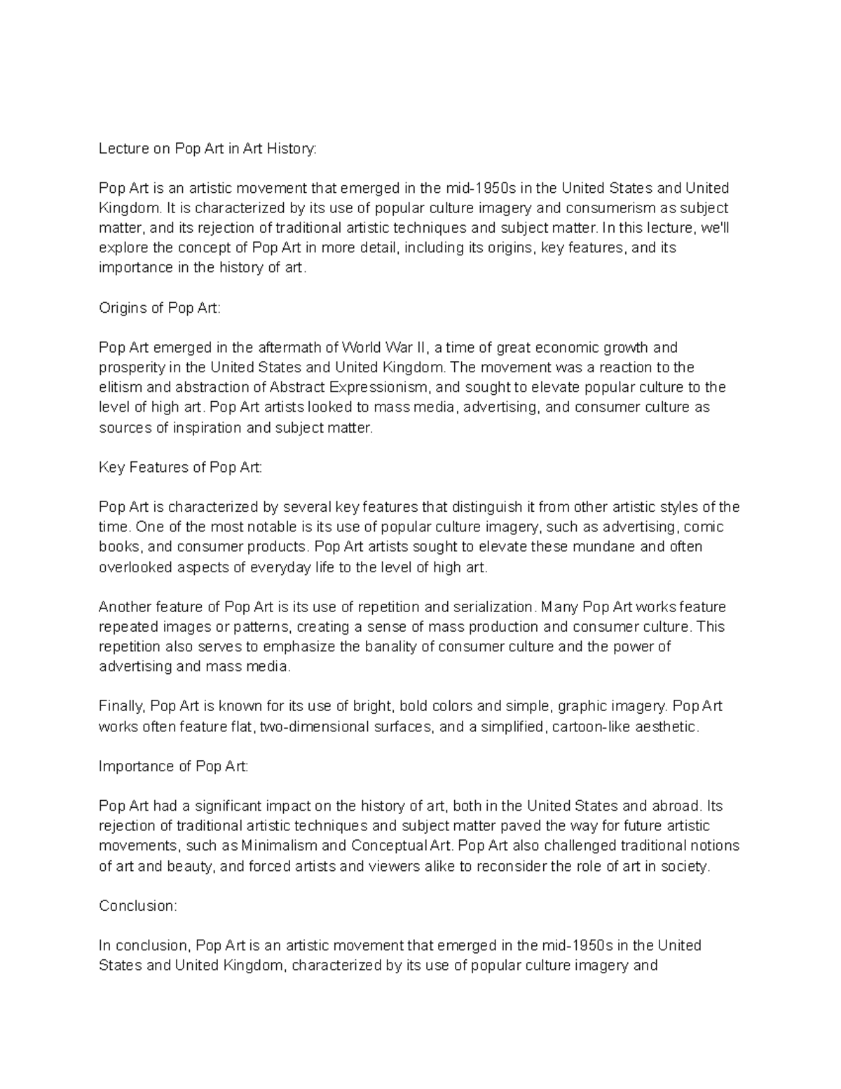 Lecture on Pop Art in Art History - It is characterized by its use of ...