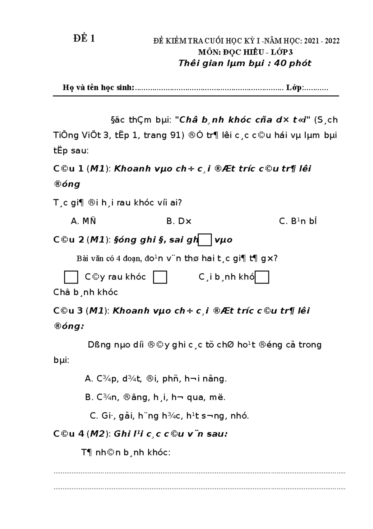 De thi giua hoc ki 1 mon Tieng Viet lop 3 nam 2021 de 3 8 - ĐỀ 1 ĐỀ KIỂM TRA CUỐI HỌC KỲ I -NĂM ...